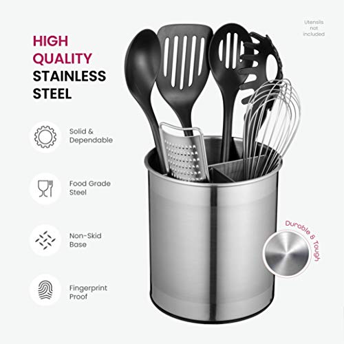 Extra-Large Stainless Steel Kitchen Utensil Holder - 360° Rotating Utensil Caddy - Weighted Base for Stability - Utensil Crock With Removable Divider for Easy Cleaning - Countertop Utensil Organizer.