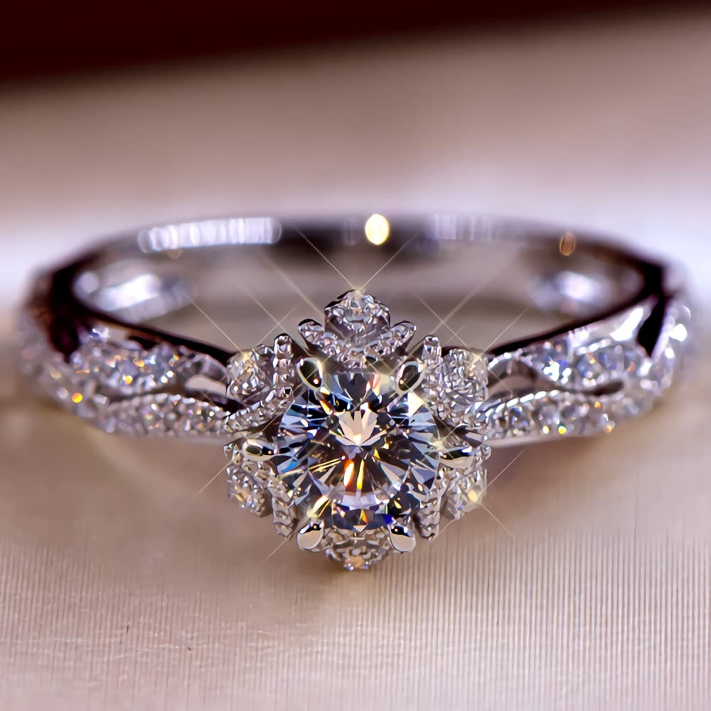 JESMING 925 Sterling Silver Plated Diamond Ring Hollow Out Flower Ring Cz Simulated Diamond Star Ring Crystal Rings Delicate Everyday Ring for Women (Silver, 7)