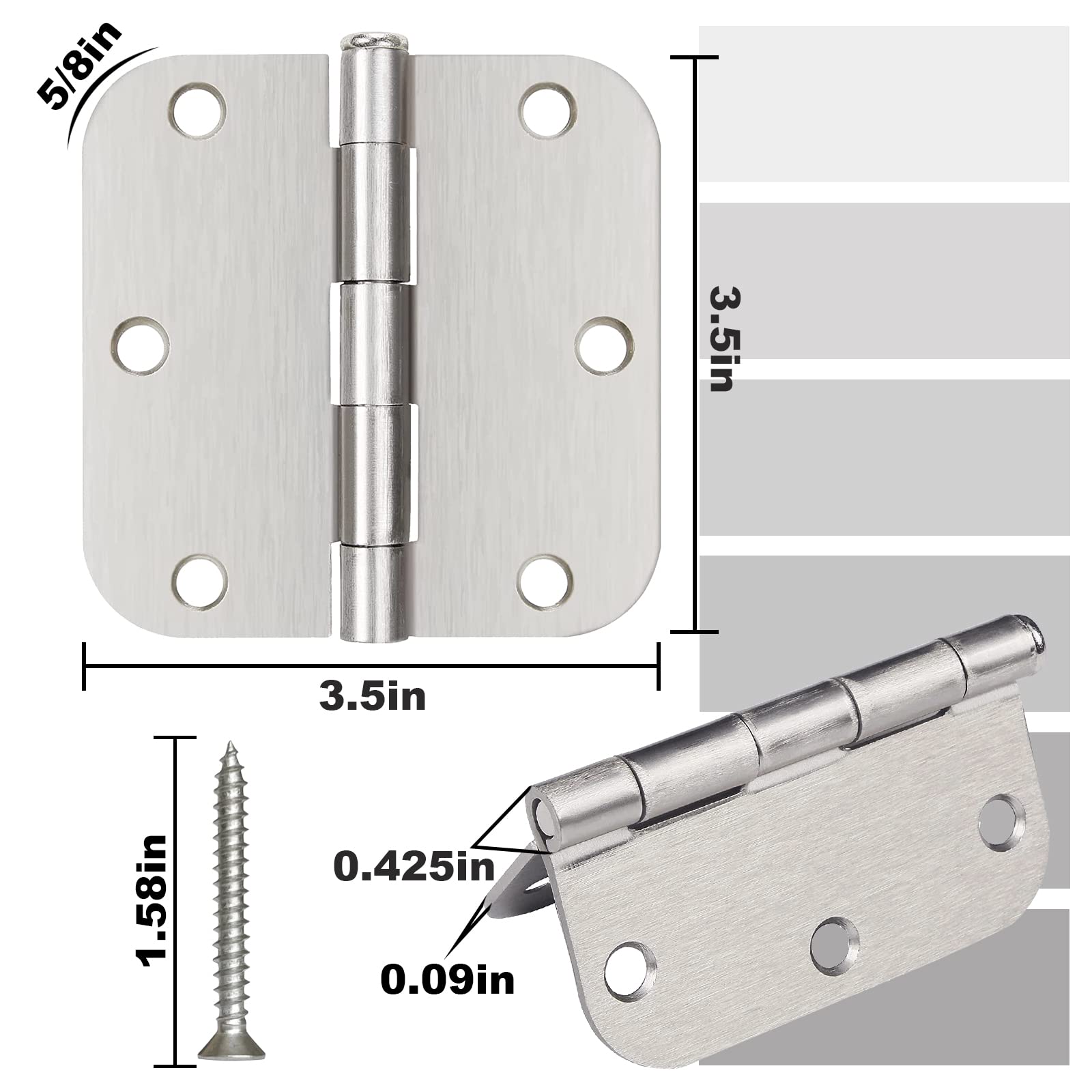 Door Hinges, Brushed Nickel 3.5 x 3.5 Inch Interior 3 1/2 Inch Silver Door Hinges Rounded 5/8" Radius Corners Iron Bifold Residential Hinges for Doors Hardware (3 Pack)