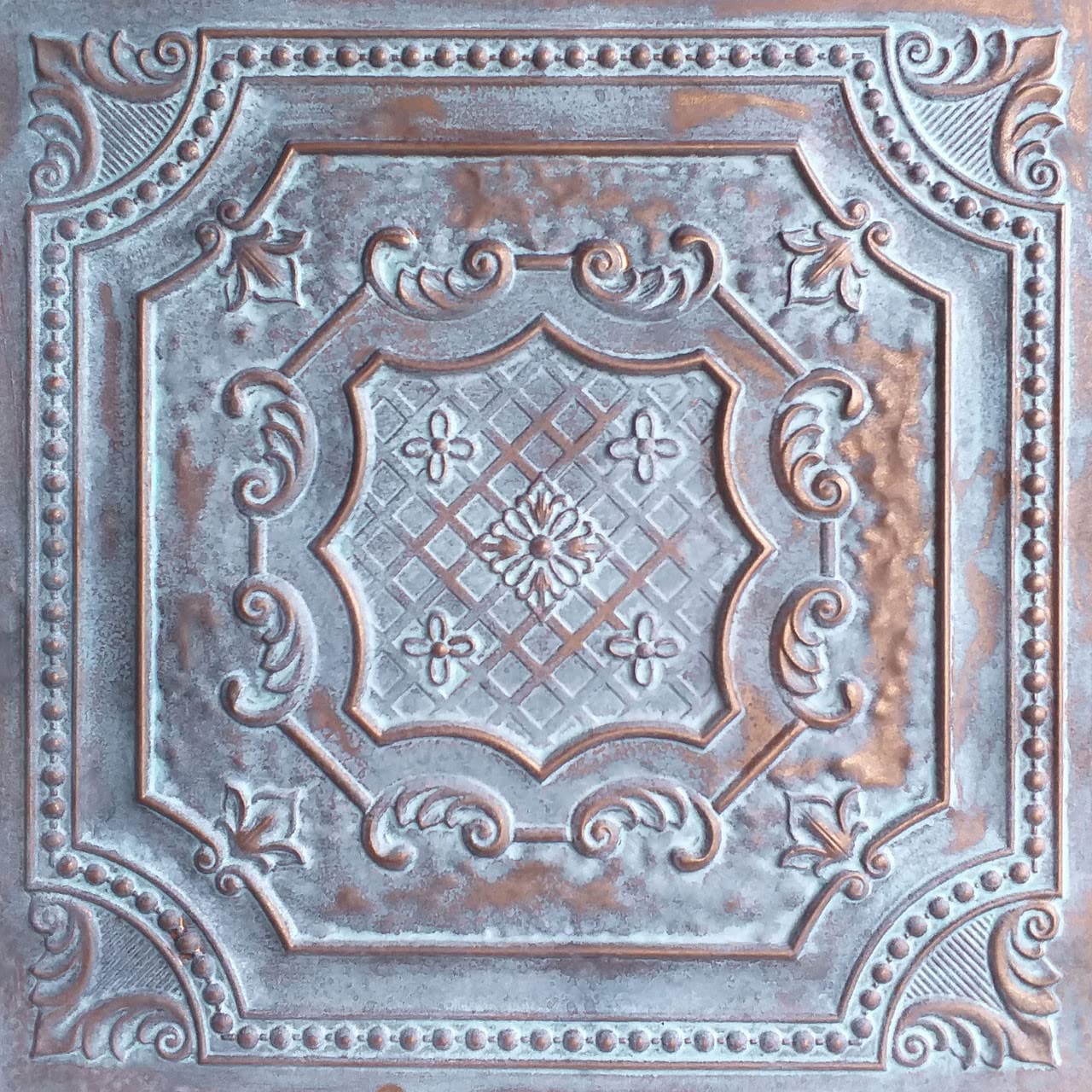 From Plain To Beautiful In Hours DCT04 Elizabethan Shield PVC 2' x 2' Lay-in or Glue-up Ceiling Tile (Covers / 200 sq.ft), Weathered Copper, 50 Piece