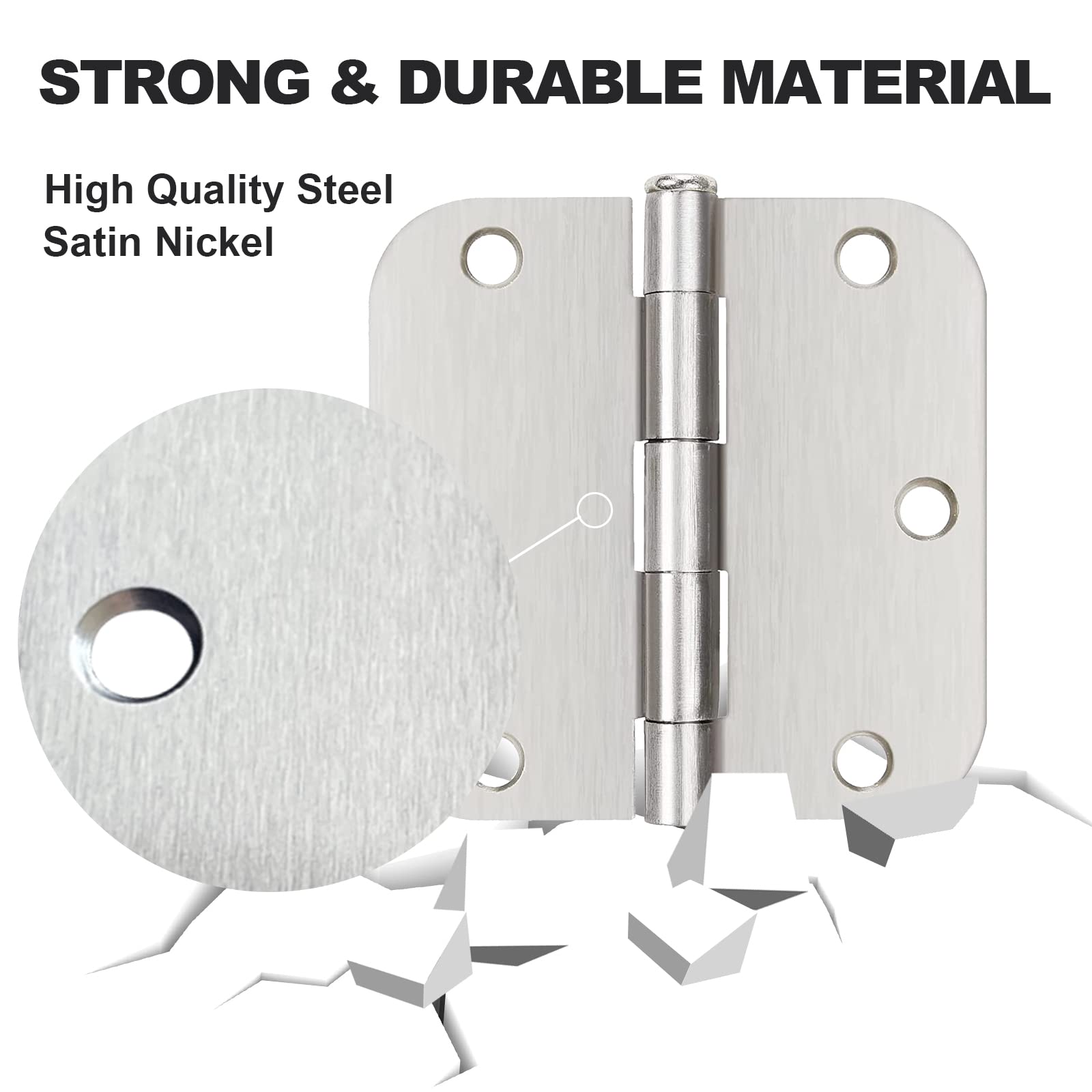 Door Hinges, Brushed Nickel 3.5 x 3.5 Inch Interior 3 1/2 Inch Silver Door Hinges Rounded 5/8" Radius Corners Iron Bifold Residential Hinges for Doors Hardware (3 Pack)