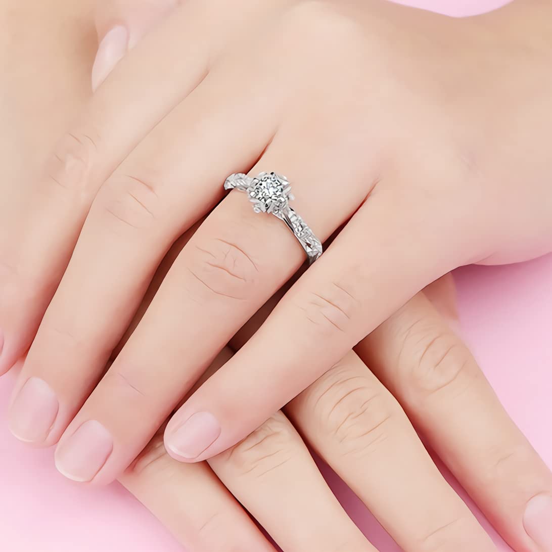 JESMING 925 Sterling Silver Plated Diamond Ring Hollow Out Flower Ring Cz Simulated Diamond Star Ring Crystal Rings Delicate Everyday Ring for Women (Silver, 7)