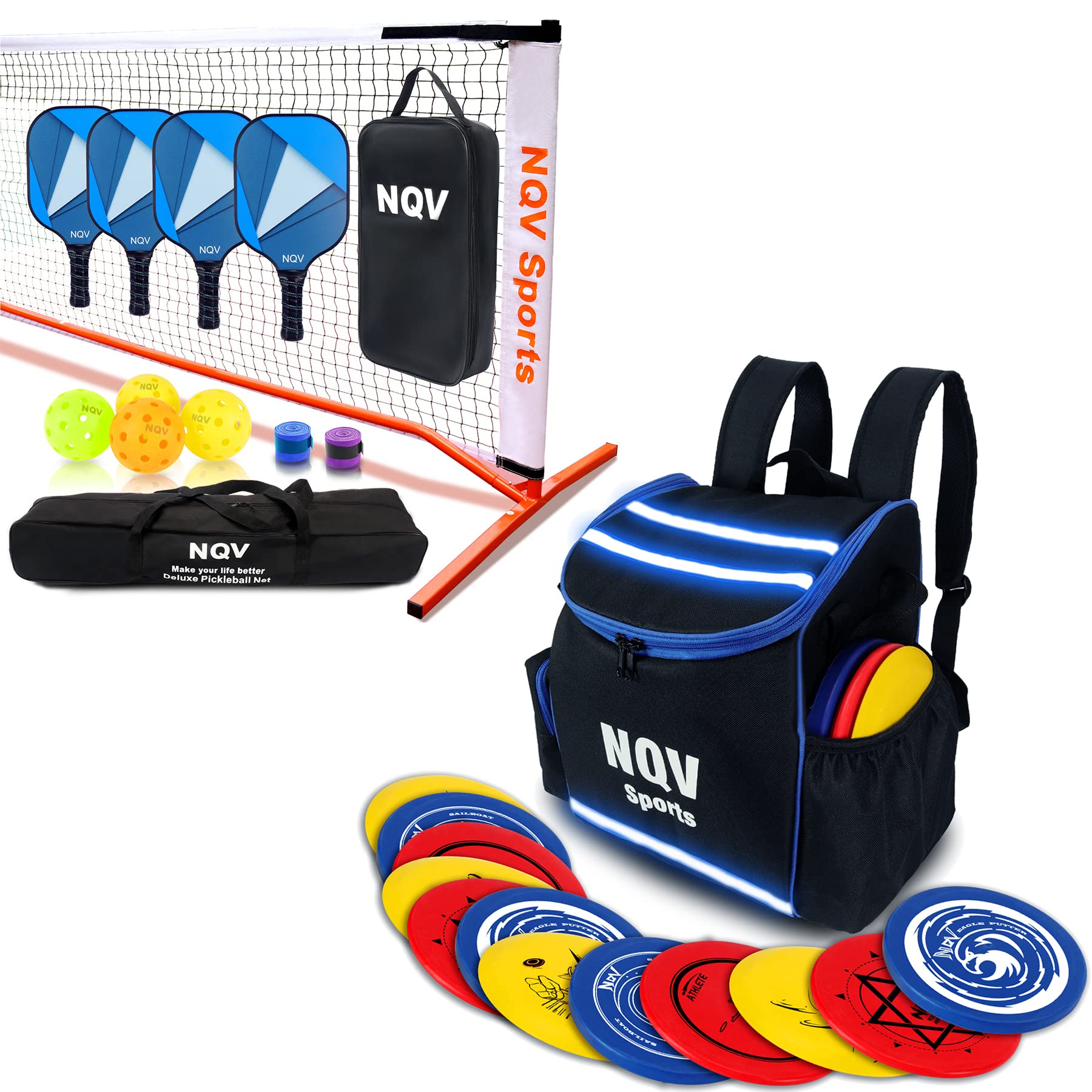 Disc Golf Set 12 PCS Flying Discs with Blue Bag & Pickleball Set with Net (Graphite Pickleball Paddles)