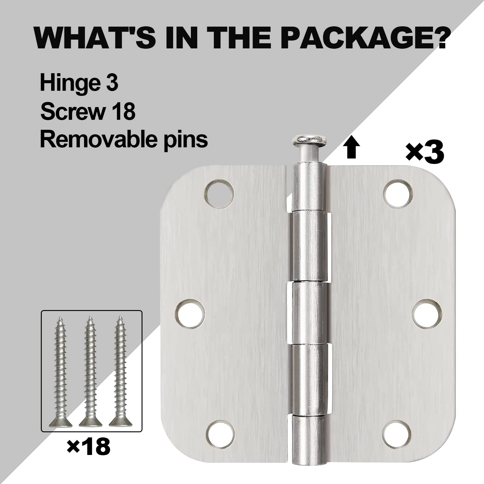 Door Hinges, Brushed Nickel 3.5 x 3.5 Inch Interior 3 1/2 Inch Silver Door Hinges Rounded 5/8" Radius Corners Iron Bifold Residential Hinges for Doors Hardware (3 Pack)