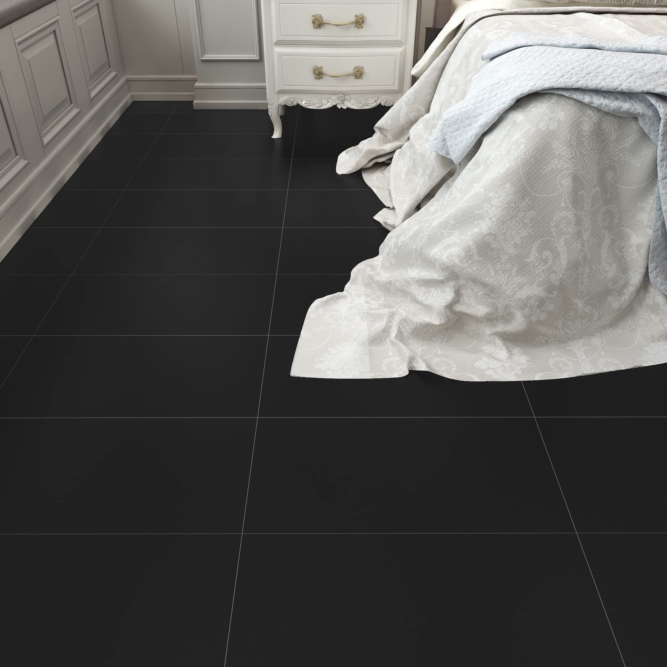 Decotalk Black Peel and Stick Floor Tile, Bathroom Floor Tile Waterproof, Black Vinyl Flooring, 12"x24", 15PCS Vinyl Plank Flooring, Floor Tile Stickers Peel and Stick, Black Flooring Tiles for Floor