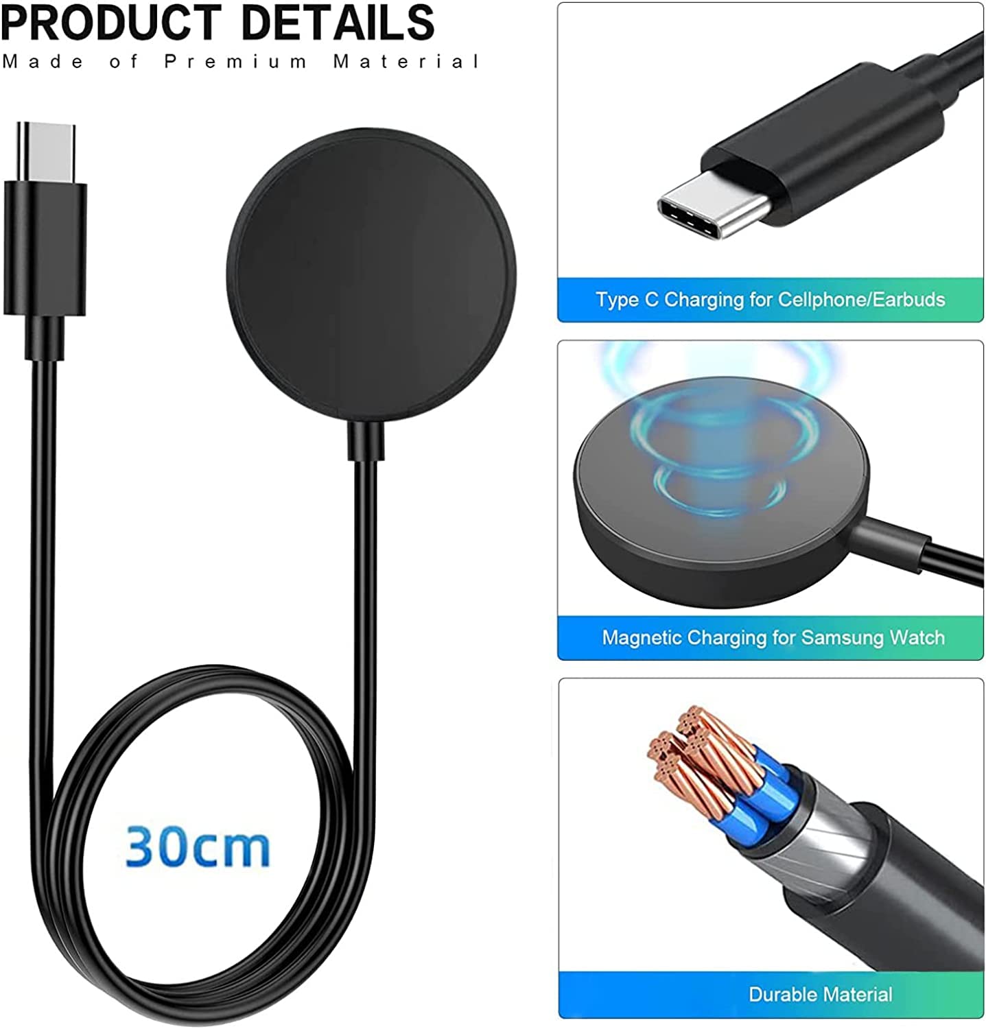 USB C Samsung Galaxy Watch 3 4 5 6 Charger, Magnetic Watch Charging Dock Cable Compatible with Samsung Galaxy Watch 6/6 Classic/ 5 Pro/ 5/4/ 4 Classic/ 3/ Active 2/ Active, 3.3FT