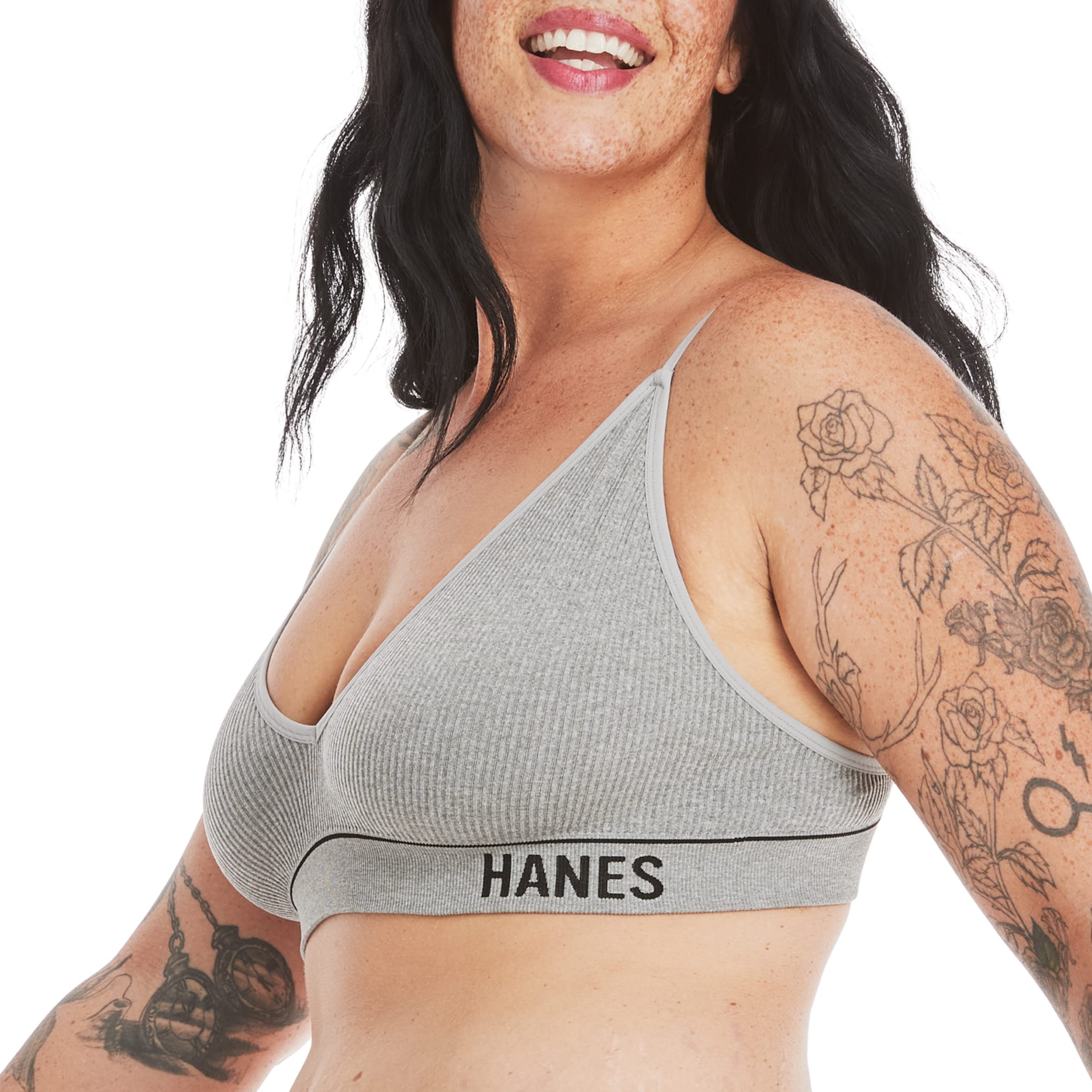 Hanes Women's Originals Seamless Triangle Bralette, Soft Ribbed Bra, ComfortFlex Fit, Heritage Grey Marle, Large