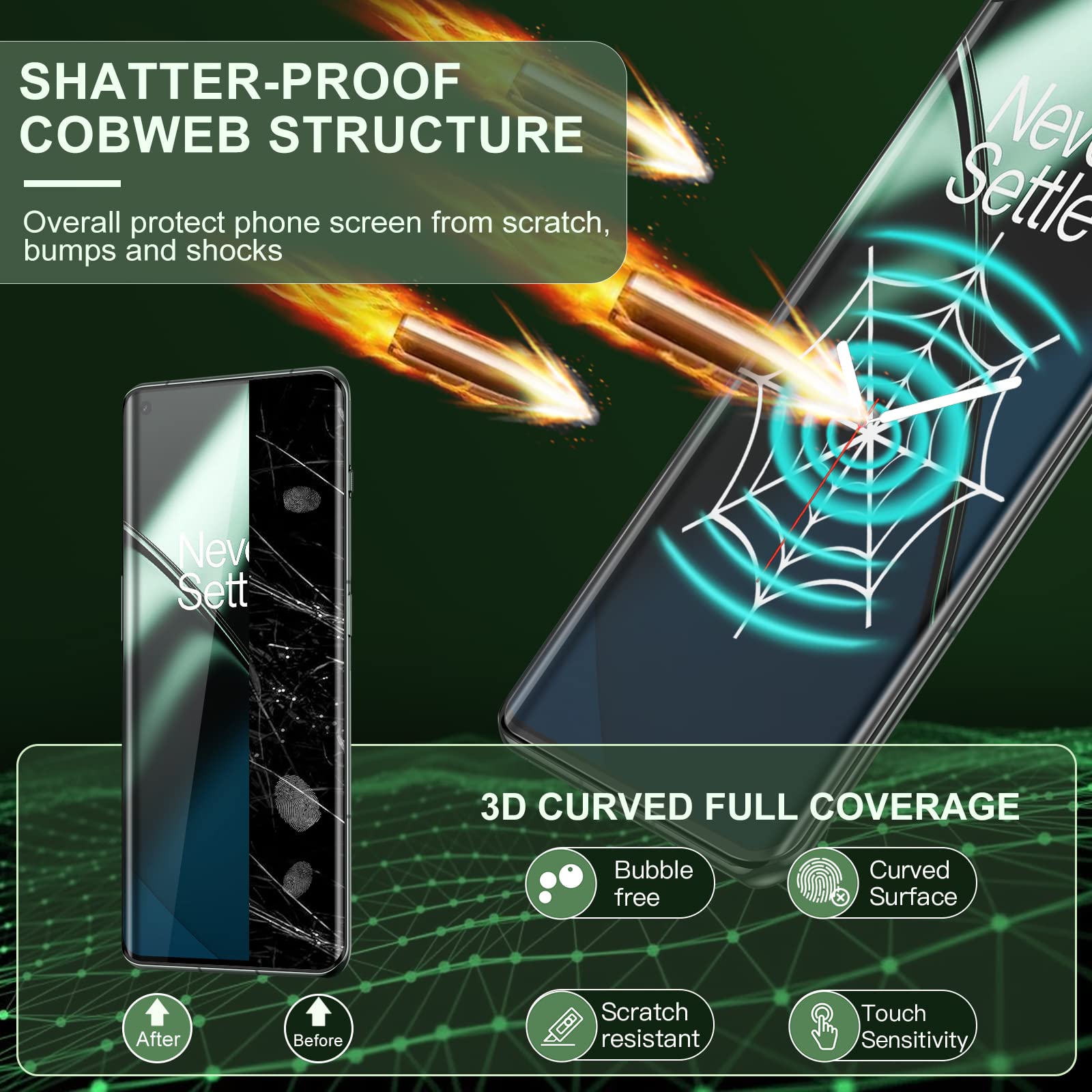 FLOKINICE Compatible for OnePlus 11/10 Pro Screen Protector, [Auto-Dispersion Tech] Full Coverage Hide Scratches Fingerprint Support Bubble-Free Tempered Glass for OnePlus 11/10 Pro - 3 Pack