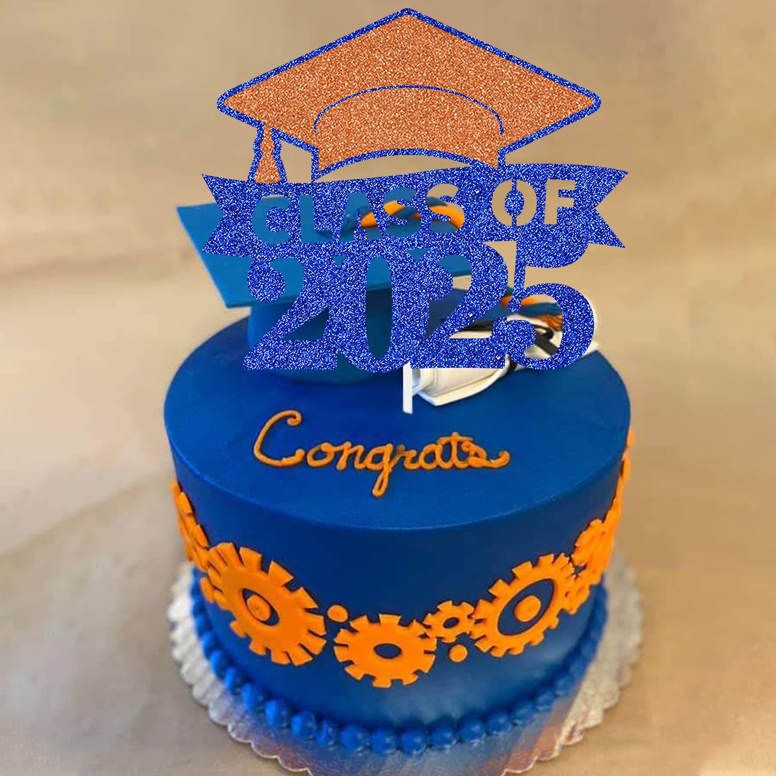 Graduation Cake Topper Congrats Grad Cupcake Toppers Kindergarten High School College University Glitter Decoration Blue Orange