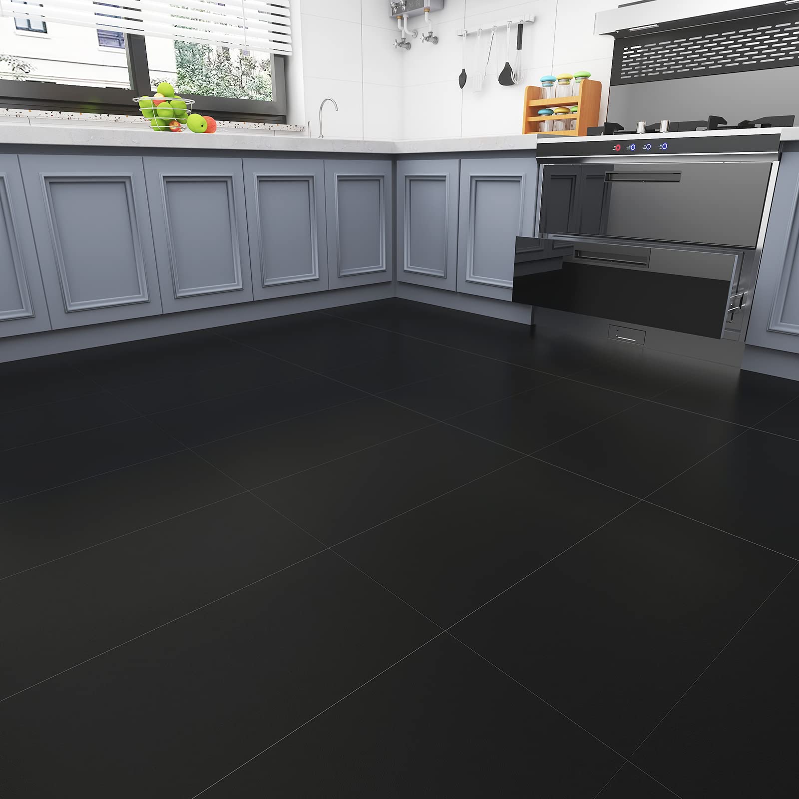 Decotalk Black Peel and Stick Floor Tile, Bathroom Floor Tile Waterproof, Black Vinyl Flooring, 12"x24", 15PCS Vinyl Plank Flooring, Floor Tile Stickers Peel and Stick, Black Flooring Tiles for Floor