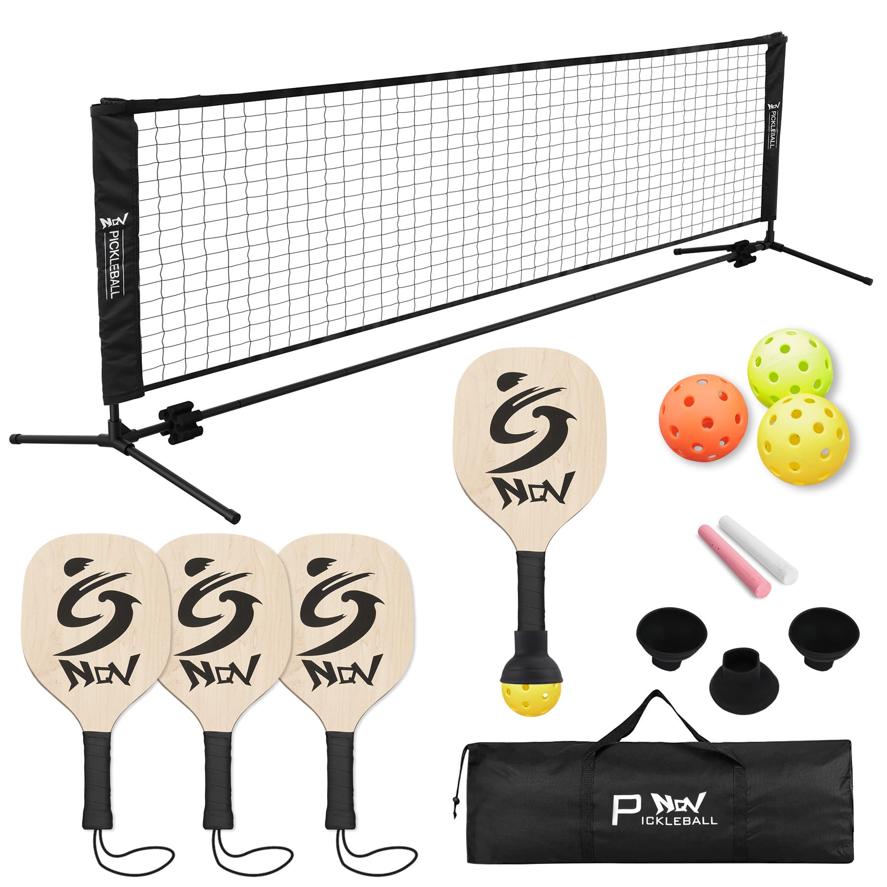 NQV Pickleball Set with Net,10FT Half Court Size Pickleball Net Portable Outdoor Indoor Driveway Home+4 Wood Paddles+4 Pickle Balls+4 Ball Retrievers, Pickleball Set for Adults Kids Beginners Pros