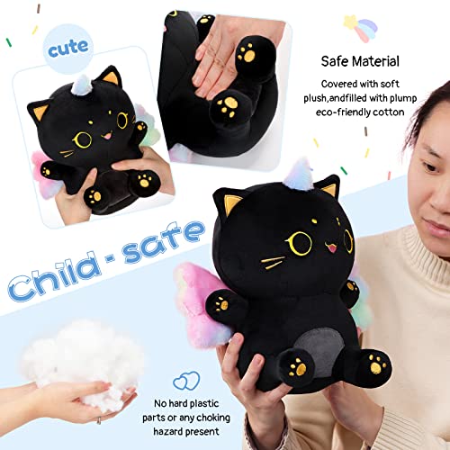 AIXINI Cute Caticorn Plush Stuffed Unicorn Black Cat Animal Plushie 10" Soft Toy with Rainbow Wings for Girls