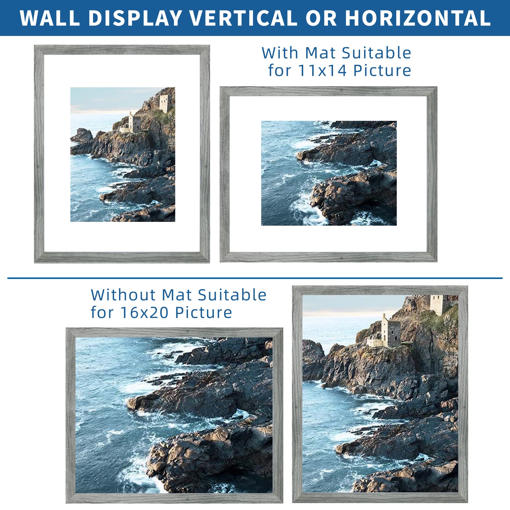 Hongkee 16x20 Frames Set of 2, Rustic Grey Wood Style - Display 16 x 20 Picture without Mat or 11x14 Picture with Mat, Wall Mounting Horizontal and Vertical