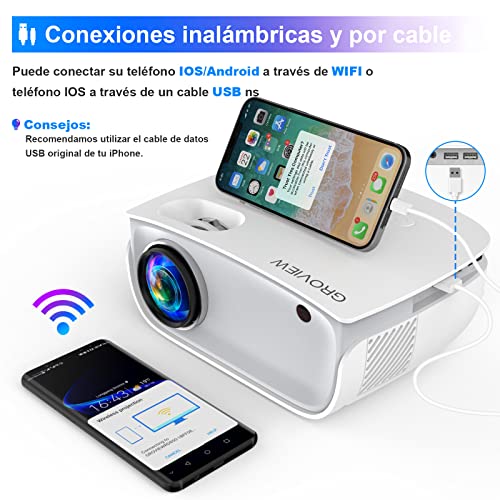 GROVIEW Mini Projector with WiFi, Updated 7500LUX Brightness with 100 Inches Screen, Full HD 1080P Resolution & 240 Inches Display Supported, Video Projector Compatible with TV Stick, Android, iPhone