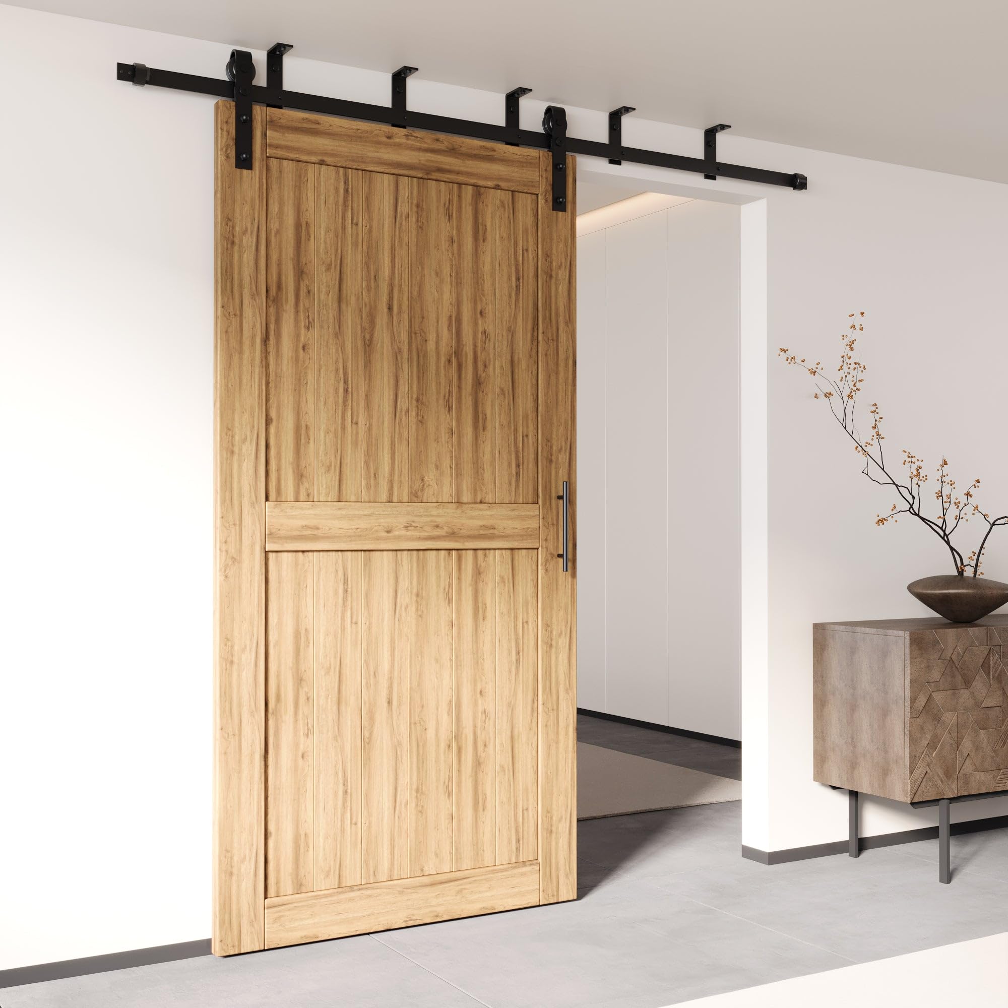 Homacer Black Rustic Ceiling Mount Non-Bypass Sliding Barn Door Hardware Kit, for One/Single Door, 7ft Long Flat Track, Interior Use Only (Doors are not Included)