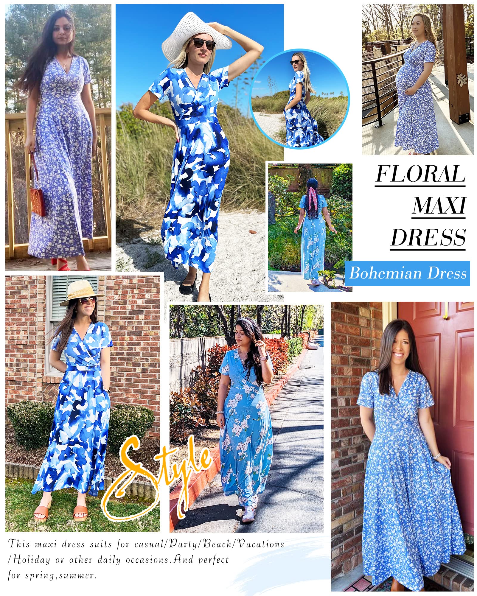 AUSELILY Maxi Dresses for Women Ankle Length Floral Print Beach Long Flowy Dress with Pockets Red Flowers M