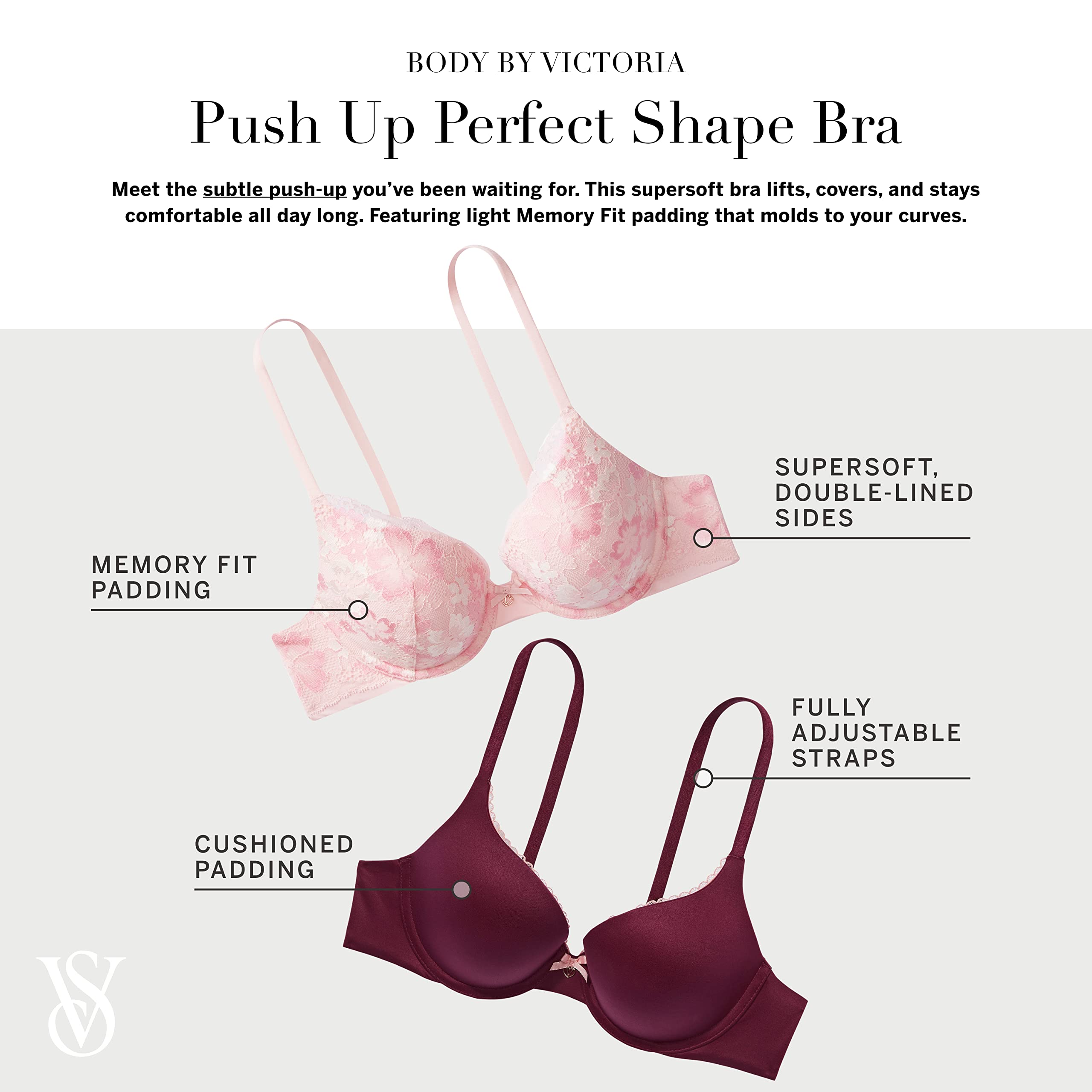 Victoria's Secret Perfect Shape Push Up Bra, Full Coverage, Padded, Bras for Women, Body by Victoria Collection, Black (38D)