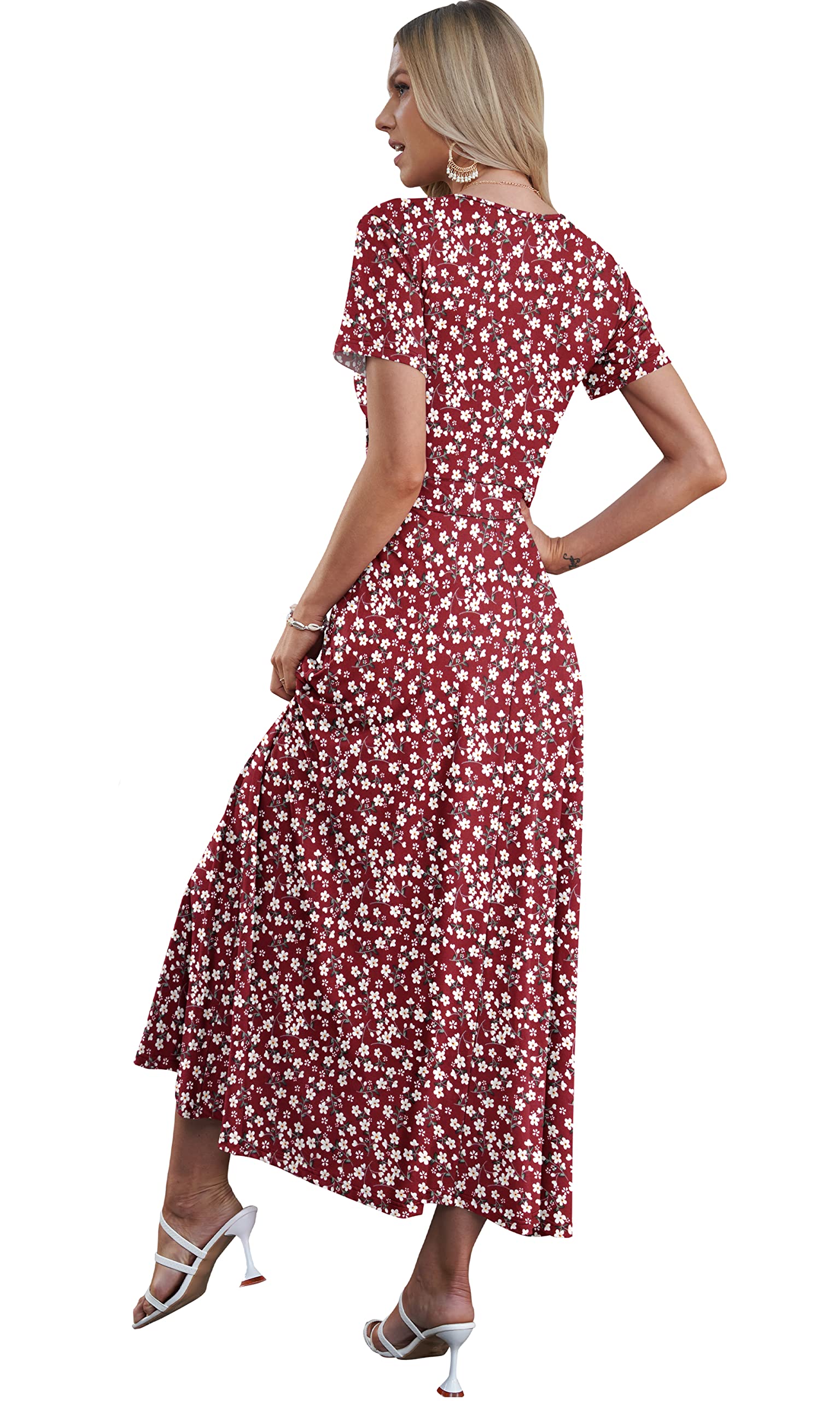 AUSELILY Maxi Dresses for Women Ankle Length Floral Print Beach Long Flowy Dress with Pockets Red Flowers M