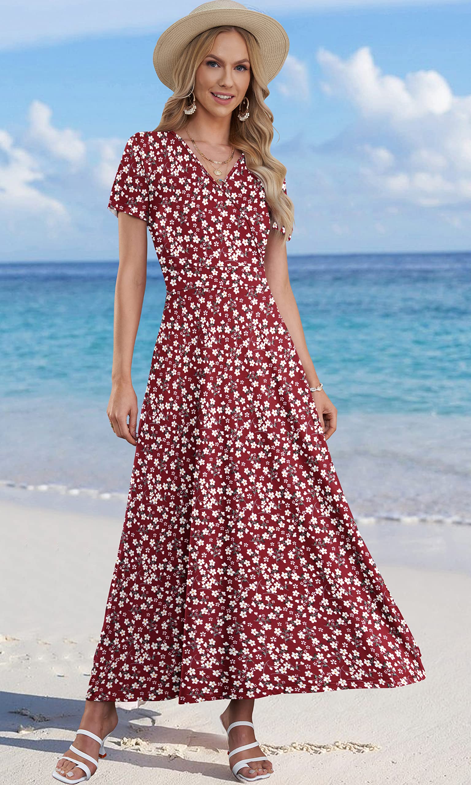 AUSELILY Maxi Dresses for Women Ankle Length Floral Print Beach Long Flowy Dress with Pockets Red Flowers M