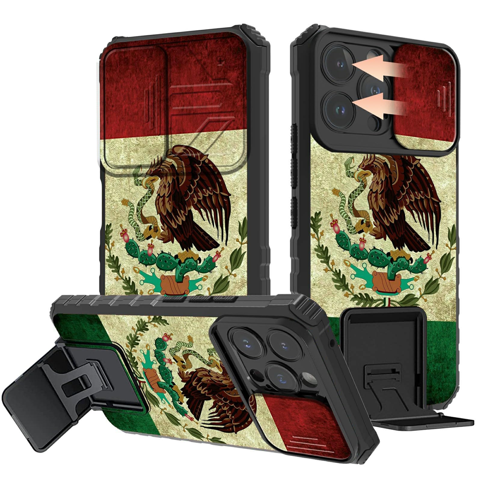 Rossy iPhone 14 Pro Case, Slide Camera Cover, Kickstand, Dual Layer Shockproof for iPhone 14 Pro Max 6.7", "Mexican Vintage Flag