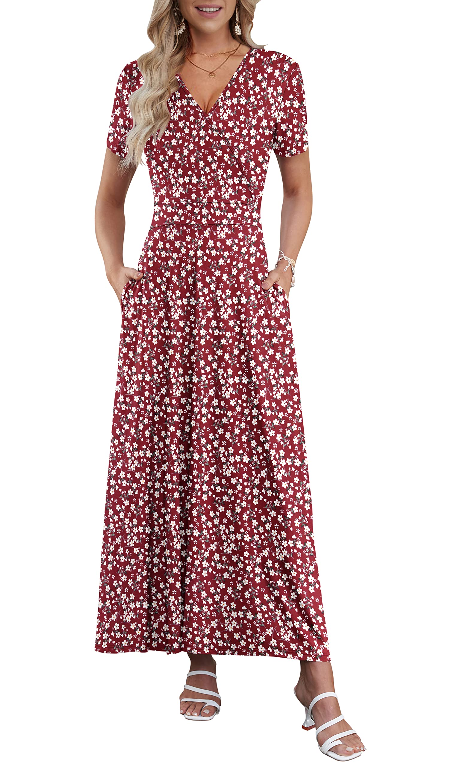 AUSELILY Maxi Dresses for Women Ankle Length Floral Print Beach Long Flowy Dress with Pockets Red Flowers M