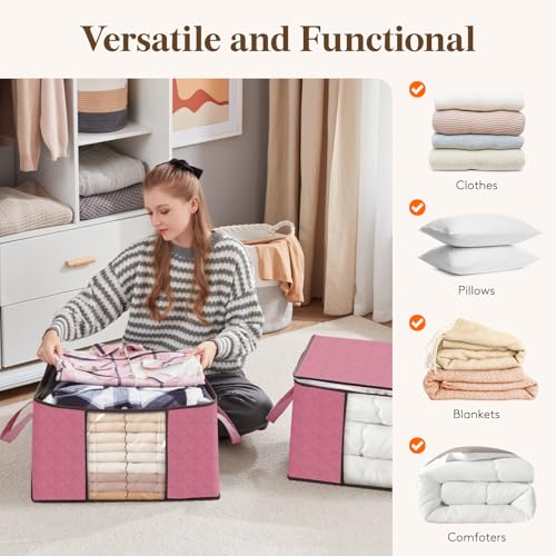 Lifewit 90L Large Storage Bags, 6 Pack Closet Organizers and Storage, Clothes Storage Bins with Lids, Foldable Storage Containers with Reinforced Handles for Clothing, Blanket, Bedding, Comforter Pink