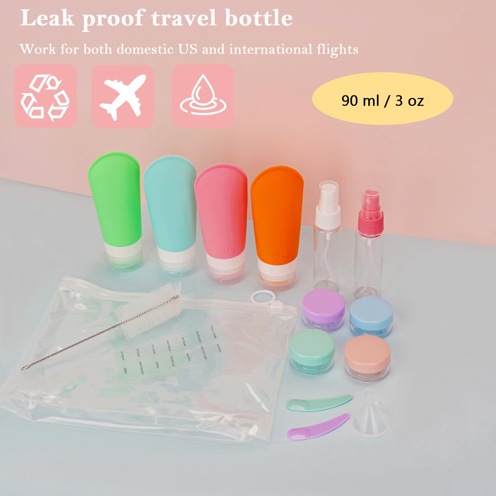 JIPITIMI TSA Approved Travel Bottles for Toiletries, Silicone Leak-Proof Travel Size Bottle for Shampoo, Conditioner 3oz, Refillable Cosmetic Container Kits