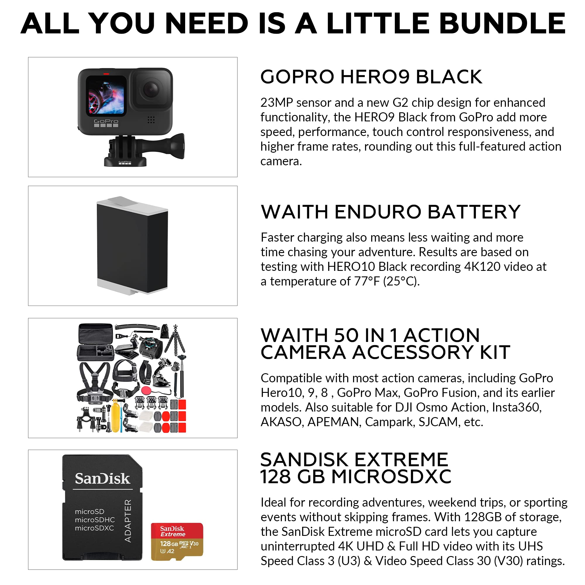 GoPro HERO9 Black 1080p Live Streaming Camera | 33' Waterproof, 8X Slo-Mo, Time-Lapse & Night-Lapse, 50 in 1 Accessory Kit, 128 GB Memory Card, and Waith Rechargeable Battery