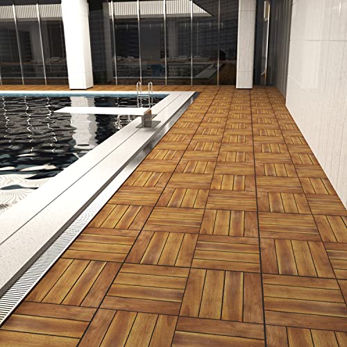 Wood Interlocking Flooring Tiles (Pack of 10, 12" x 12"), Solid Wood Acacia Deck Tiles Interlocking, Patio Tiles Outdoor Interlocking Waterproof All Weather (4 Slat, Natural Color)