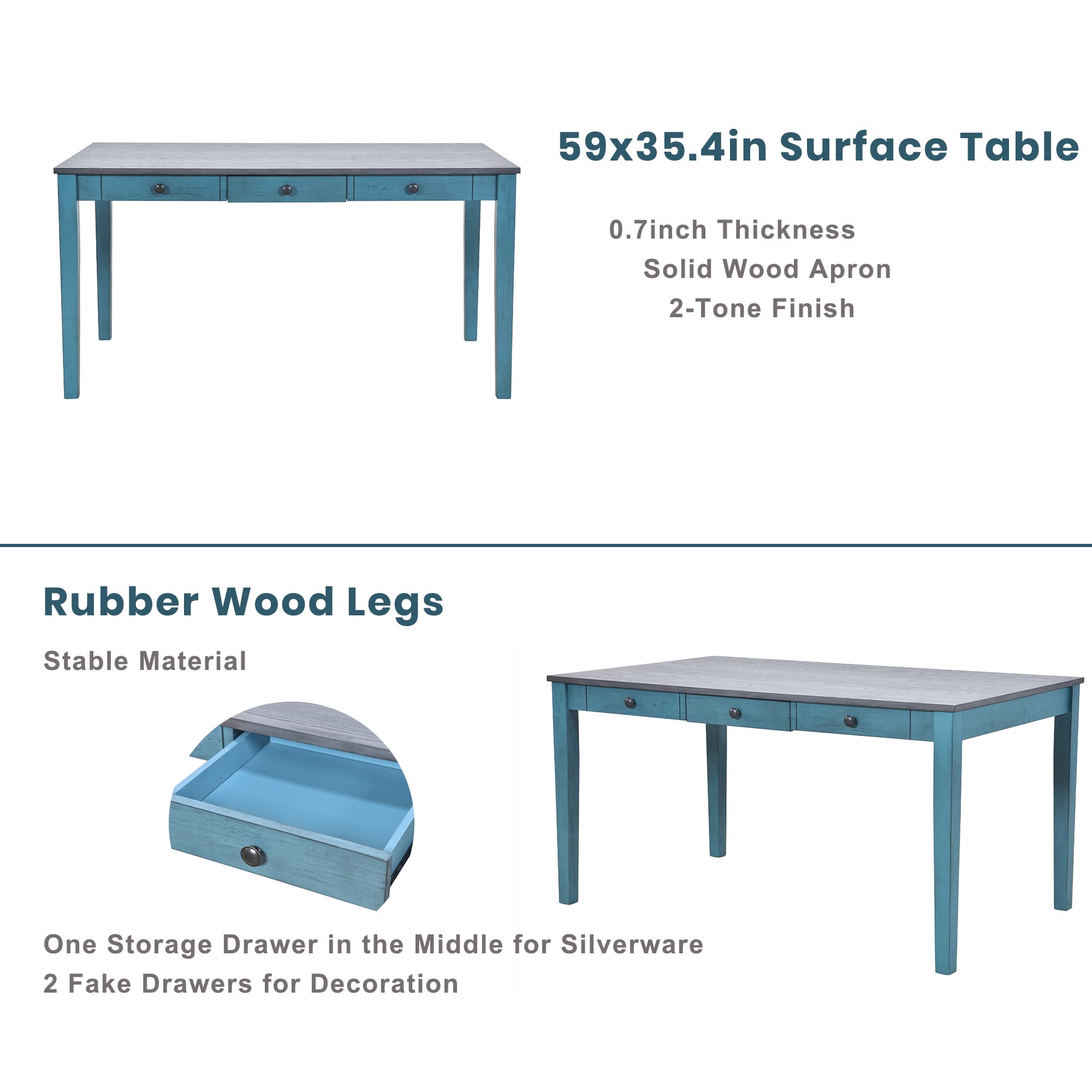 Merax Mid-Century 6-Piece Wood Dining Table Set with Drawer, 4 Upholstered Chairs and Bench, Antique Blue