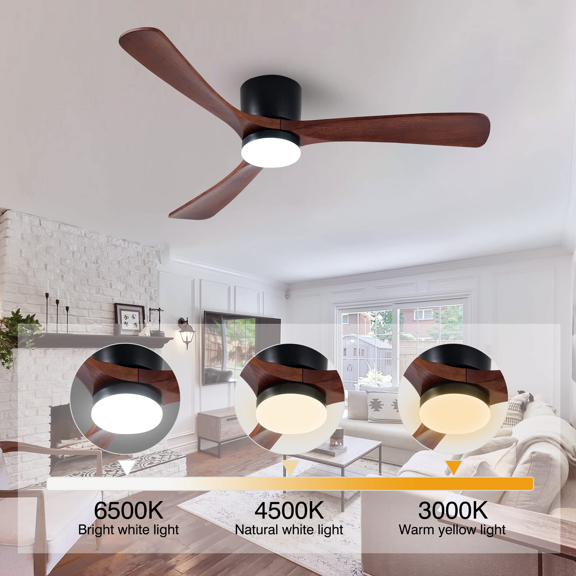 HUMHOLD 52" Wood Ceiling Fan with Lights Remote, Reversible DC Motor 6-Speed Ceiling Fan, 3 Blades Low Profile Flush Mount Ceiling Fans, Modern Ceilingfans for Low Profile, Walnut and Matte Black