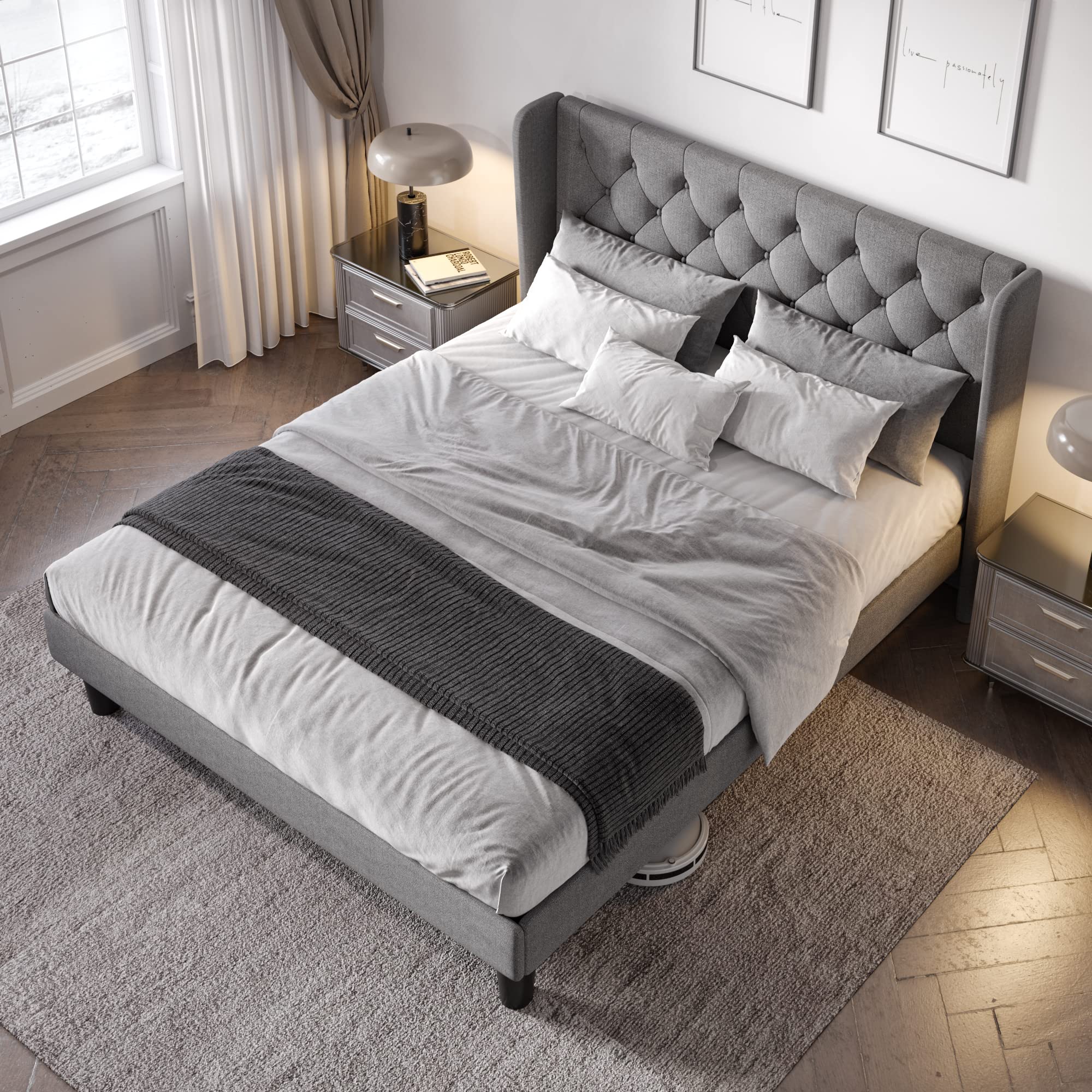 Allewie Full Size Bed Frame with Button Tufted Wingback Headboard, Modern Fabric Upholstered Platform Bed Frame with Strong Wood Slat Support, No Box Spring Needed, Easy Assembly, Light Grey