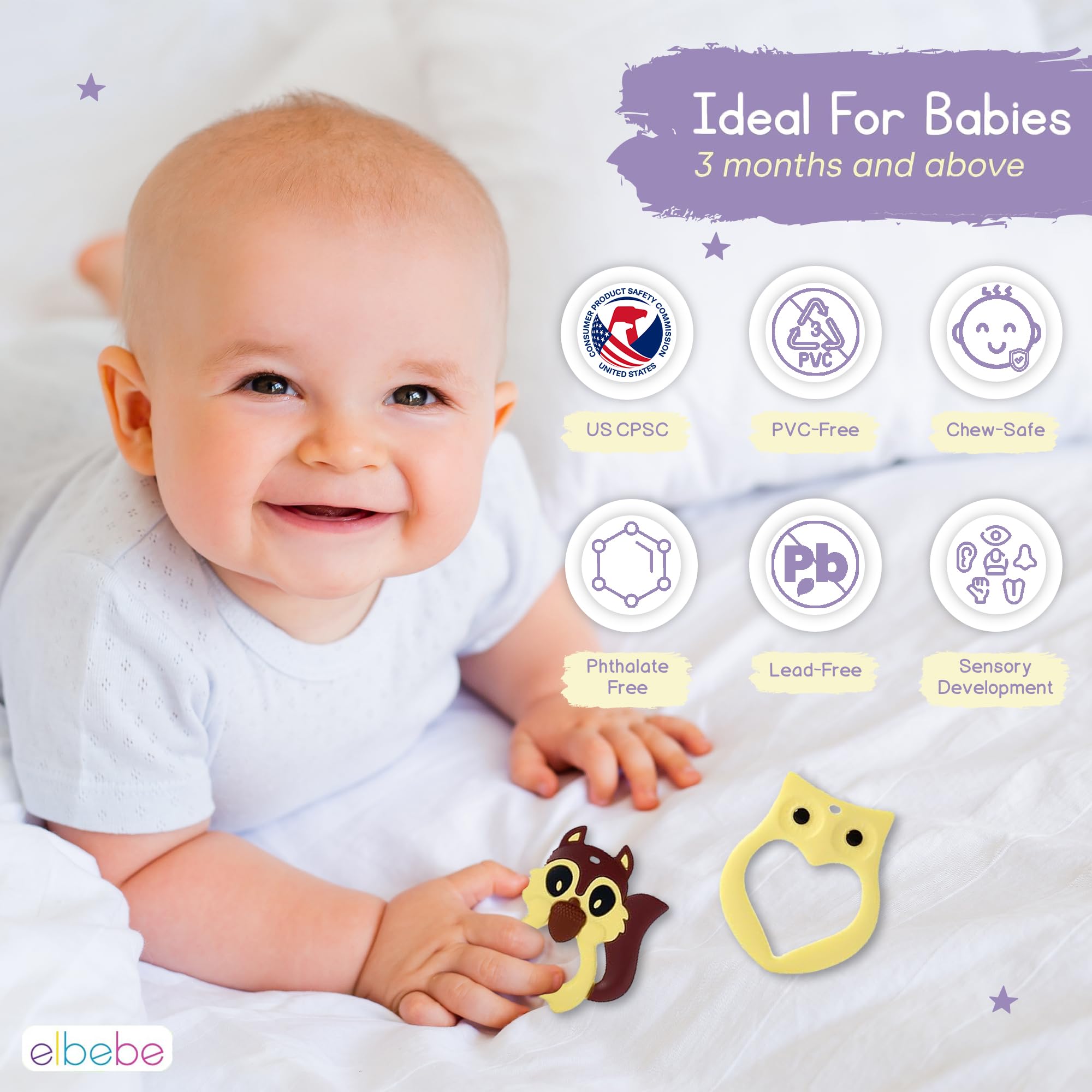Elbebe Silicone Teething Toys - Baby Teething Toys - Baby Teether - Silicone Teethers for Babies - Baby Chew Toys - Silicone Baby Teether - Infant Teething Toys - Owl & Squirrel - Set of 2