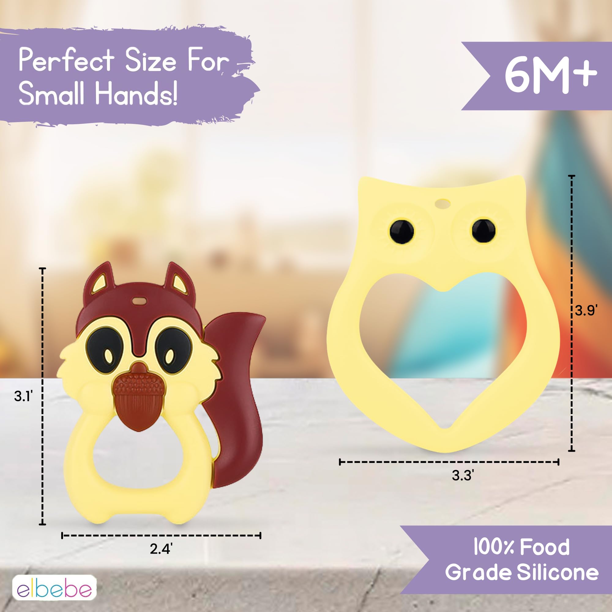Elbebe Silicone Teething Toys - Baby Teething Toys - Baby Teether - Silicone Teethers for Babies - Baby Chew Toys - Silicone Baby Teether - Infant Teething Toys - Owl & Squirrel - Set of 2