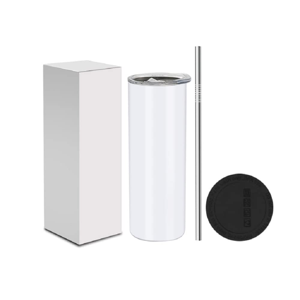 2 Pack Sublimation Tumbler 20oz Blank Skinny White Flat Edge Double Wall Stainless Steel Rubber Bottom Slide Lid 2 Straws. For Heat Press Sublimation Printing