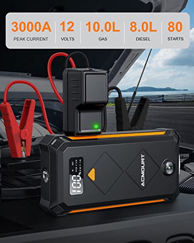 Battery Jump Starter 3000A, [Jump Start All in Seconds] 12V Portable, Compact Jump Starter Battery Pack Up to 10.0L Gas and 8.0L Diesel Engine for Car with LCD and LED Light