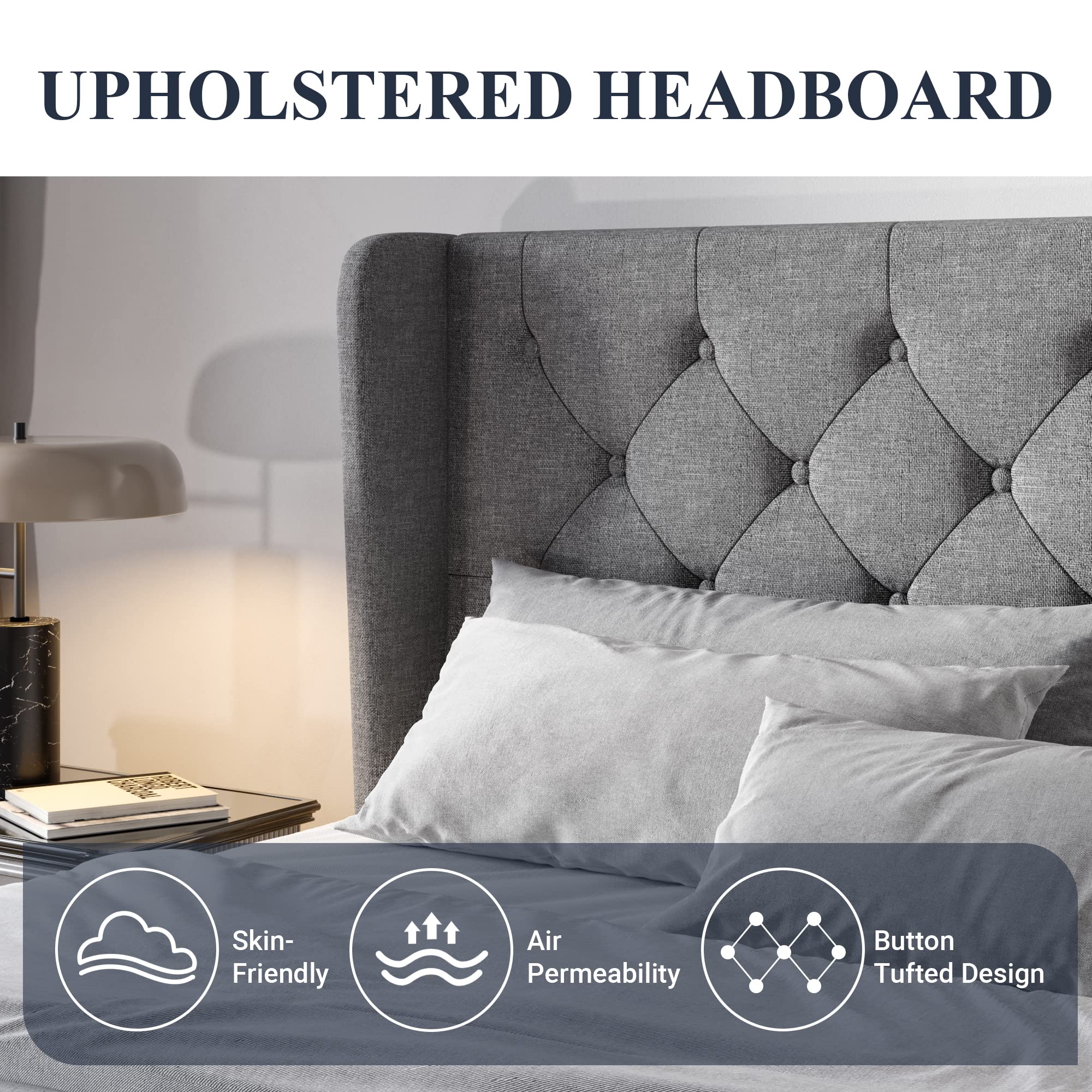 Allewie Full Size Bed Frame with Button Tufted Wingback Headboard, Modern Fabric Upholstered Platform Bed Frame with Strong Wood Slat Support, No Box Spring Needed, Easy Assembly, Light Grey