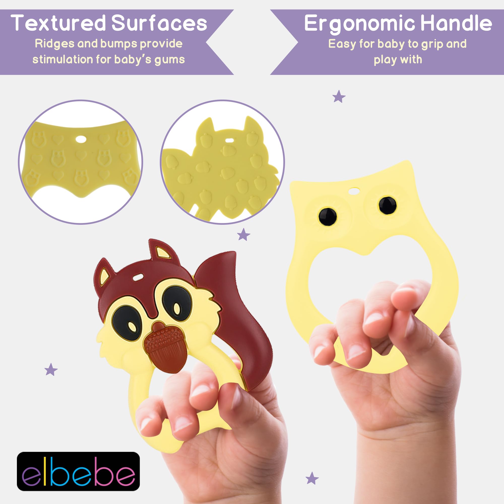 Elbebe Silicone Teething Toys - Baby Teething Toys - Baby Teether - Silicone Teethers for Babies - Baby Chew Toys - Silicone Baby Teether - Infant Teething Toys - Owl & Squirrel - Set of 2
