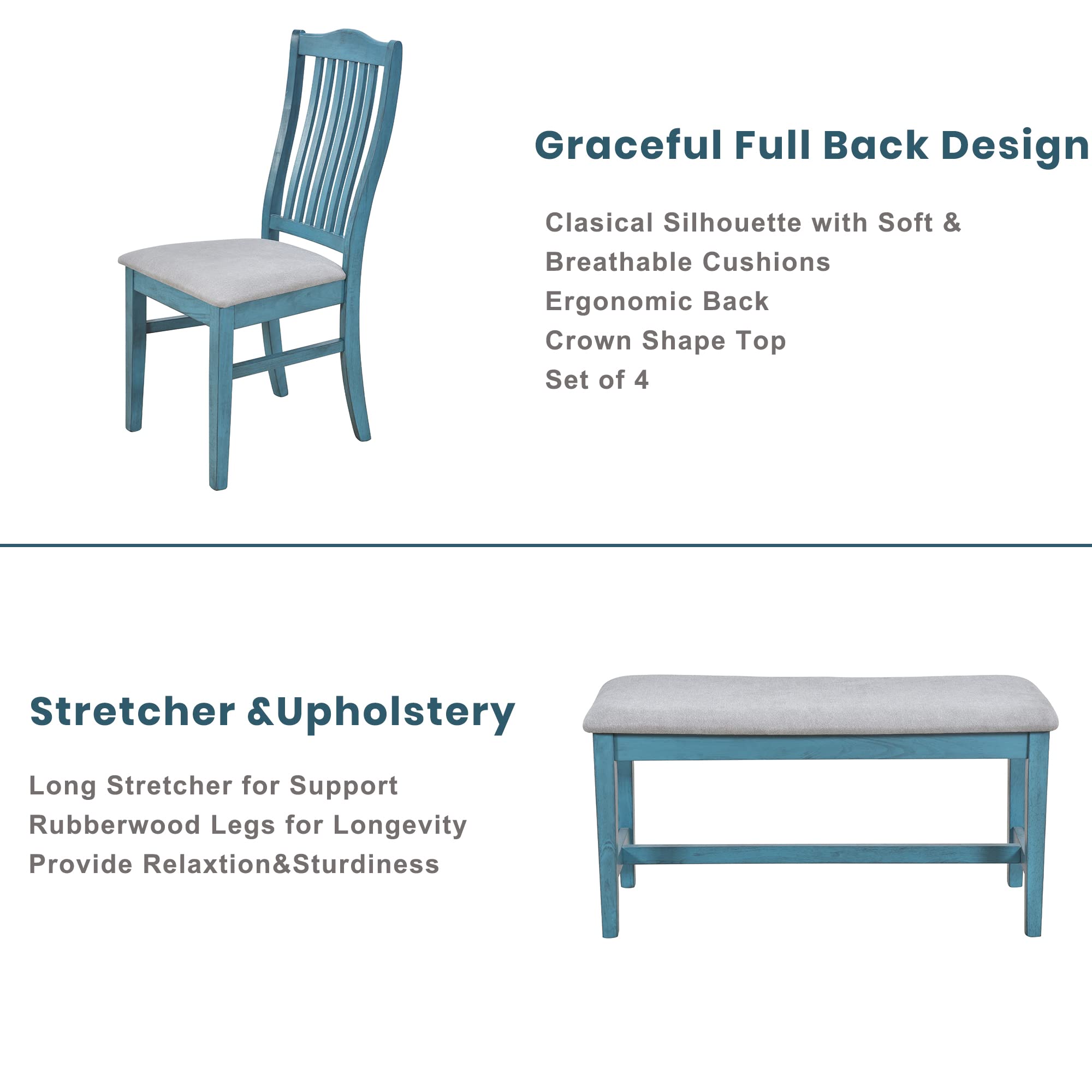 Merax Mid-Century 6-Piece Wood Dining Table Set with Drawer, 4 Upholstered Chairs and Bench, Antique Blue