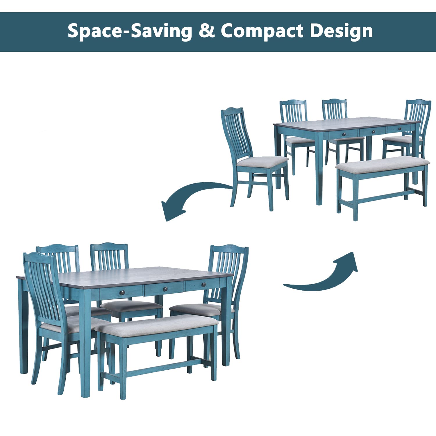 Merax Mid-Century 6-Piece Wood Dining Table Set with Drawer, 4 Upholstered Chairs and Bench, Antique Blue