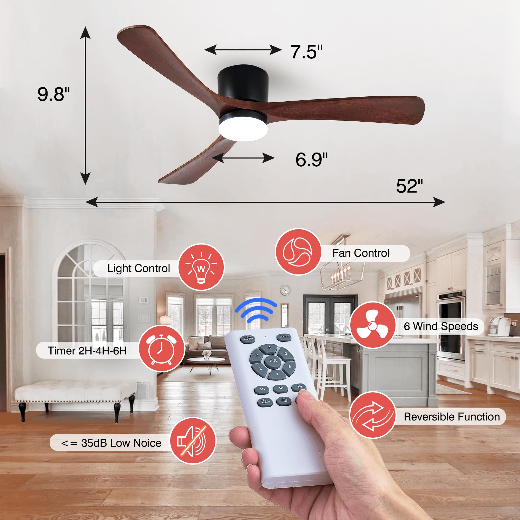 HUMHOLD 52" Wood Ceiling Fan with Lights Remote, Reversible DC Motor 6-Speed Ceiling Fan, 3 Blades Low Profile Flush Mount Ceiling Fans, Modern Ceilingfans for Low Profile, Walnut and Matte Black
