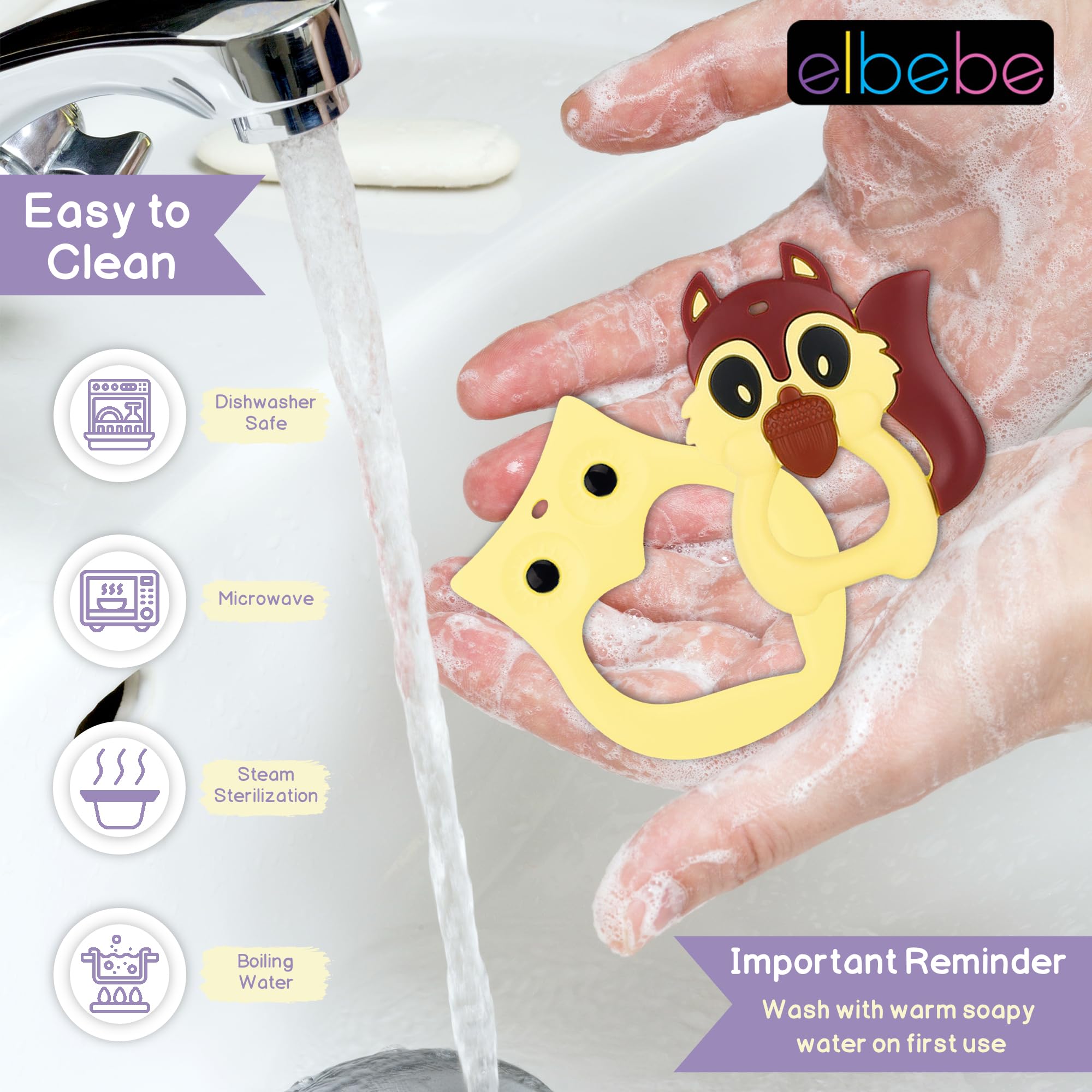 Elbebe Silicone Teething Toys - Baby Teething Toys - Baby Teether - Silicone Teethers for Babies - Baby Chew Toys - Silicone Baby Teether - Infant Teething Toys - Owl & Squirrel - Set of 2