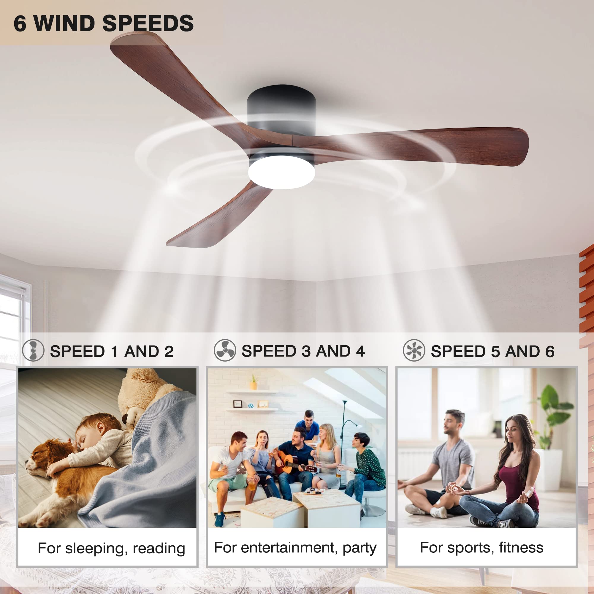 HUMHOLD 52" Wood Ceiling Fan with Lights Remote, Reversible DC Motor 6-Speed Ceiling Fan, 3 Blades Low Profile Flush Mount Ceiling Fans, Modern Ceilingfans for Low Profile, Walnut and Matte Black