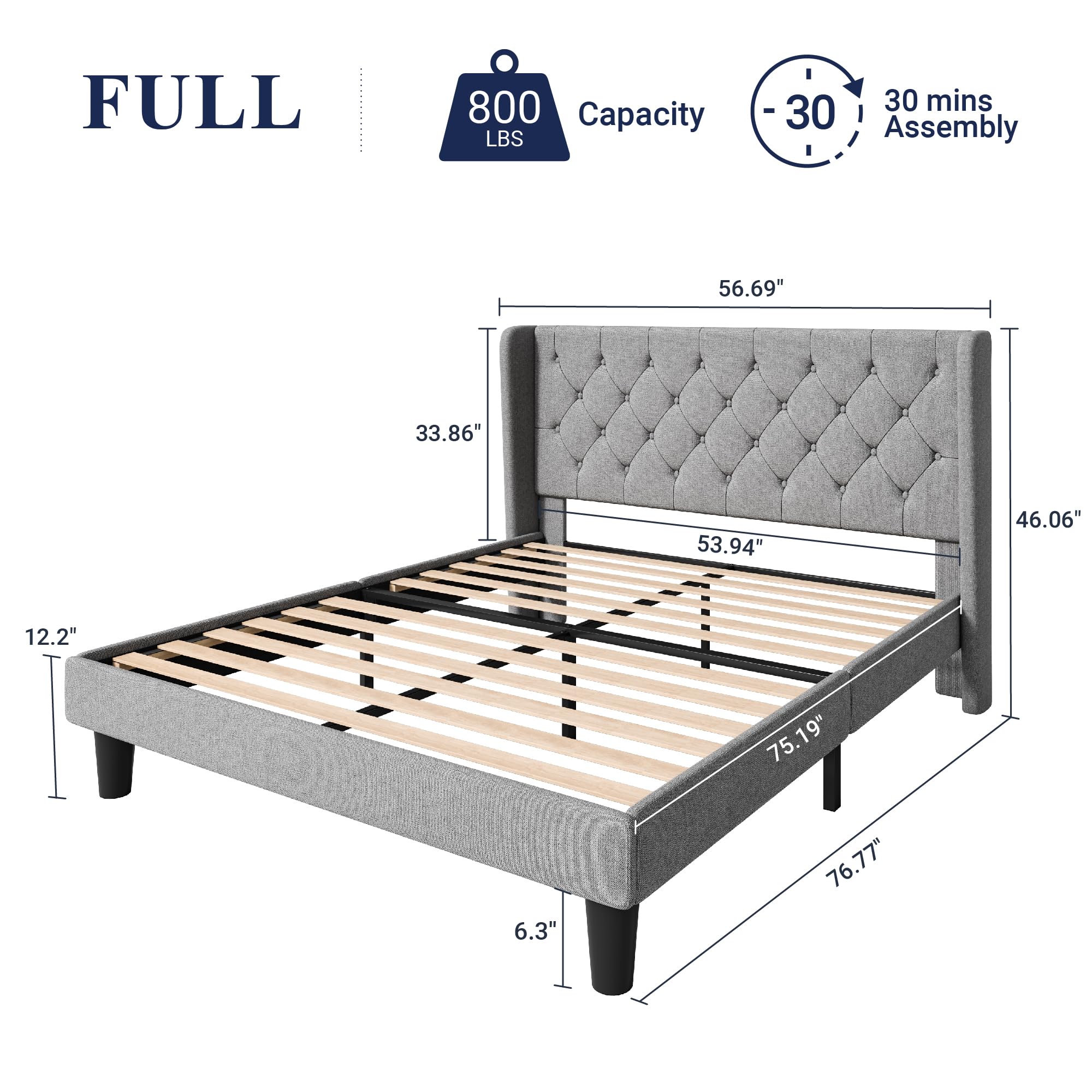 Allewie Full Size Bed Frame with Button Tufted Wingback Headboard, Modern Fabric Upholstered Platform Bed Frame with Strong Wood Slat Support, No Box Spring Needed, Easy Assembly, Light Grey