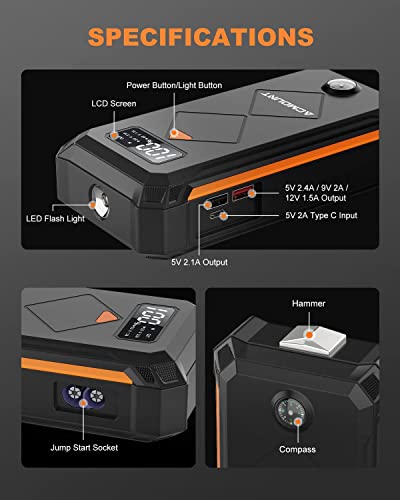 Battery Jump Starter 3000A, [Jump Start All in Seconds] 12V Portable, Compact Jump Starter Battery Pack Up to 10.0L Gas and 8.0L Diesel Engine for Car with LCD and LED Light