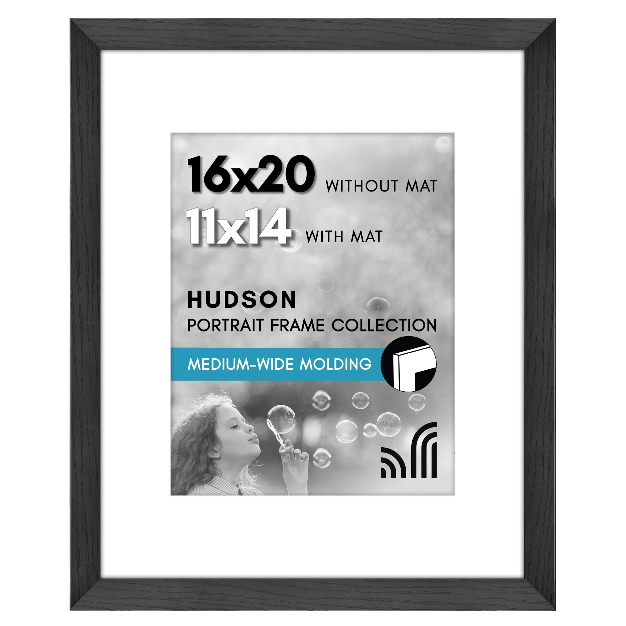 Americanflat 16x20 Picture Frame with Polished Plexiglass - Use as 11x14 Frame with Mat or 16x20 Frame Without Mat - Hudson Collection - Wide Photo Frame for Wall Display - Black
