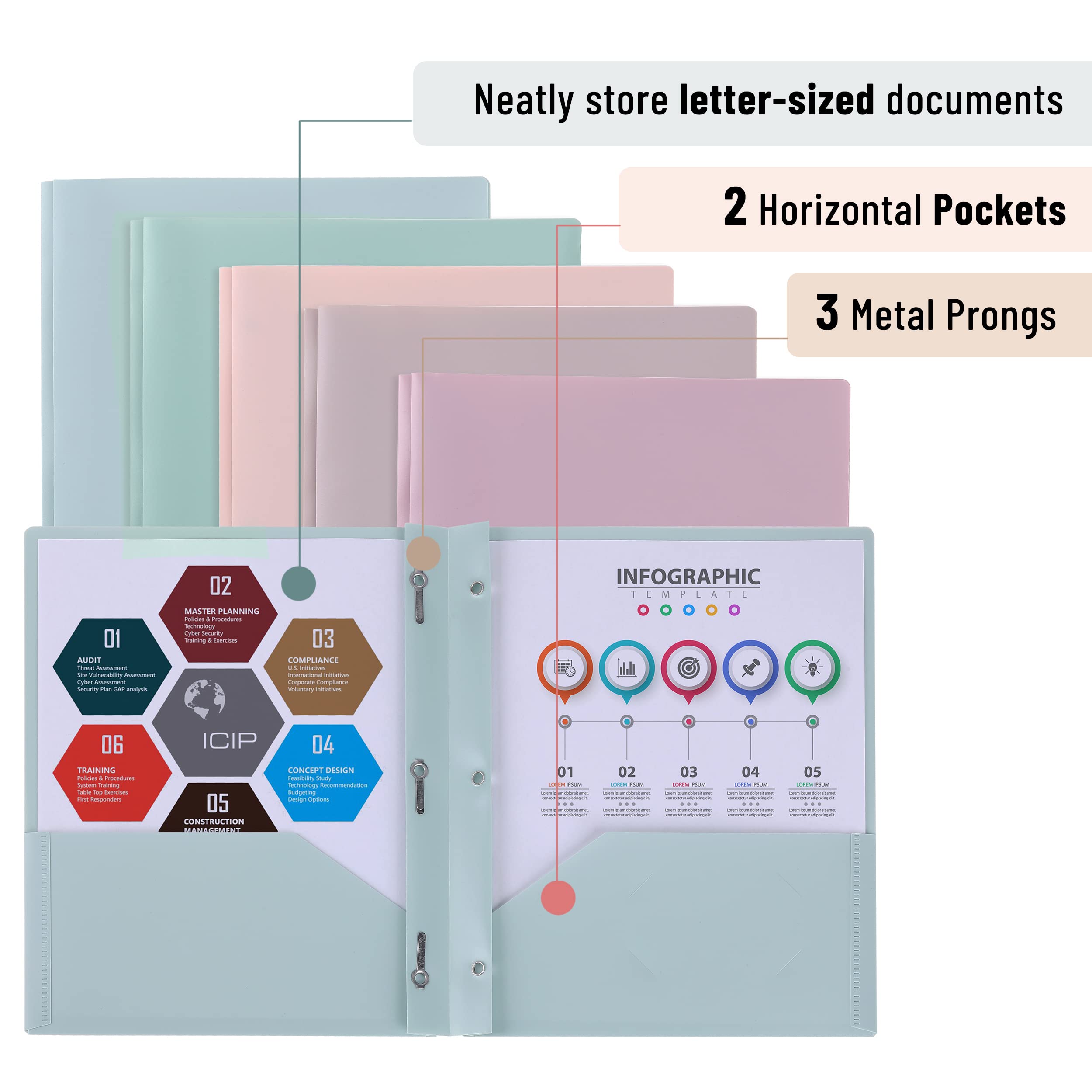 Mr. Pen Plastic Folders with Pockets and Prongs, 5 Pack, Muted Pastel Colors, Letter (8.5" x 11") - 5 Pack, Pink