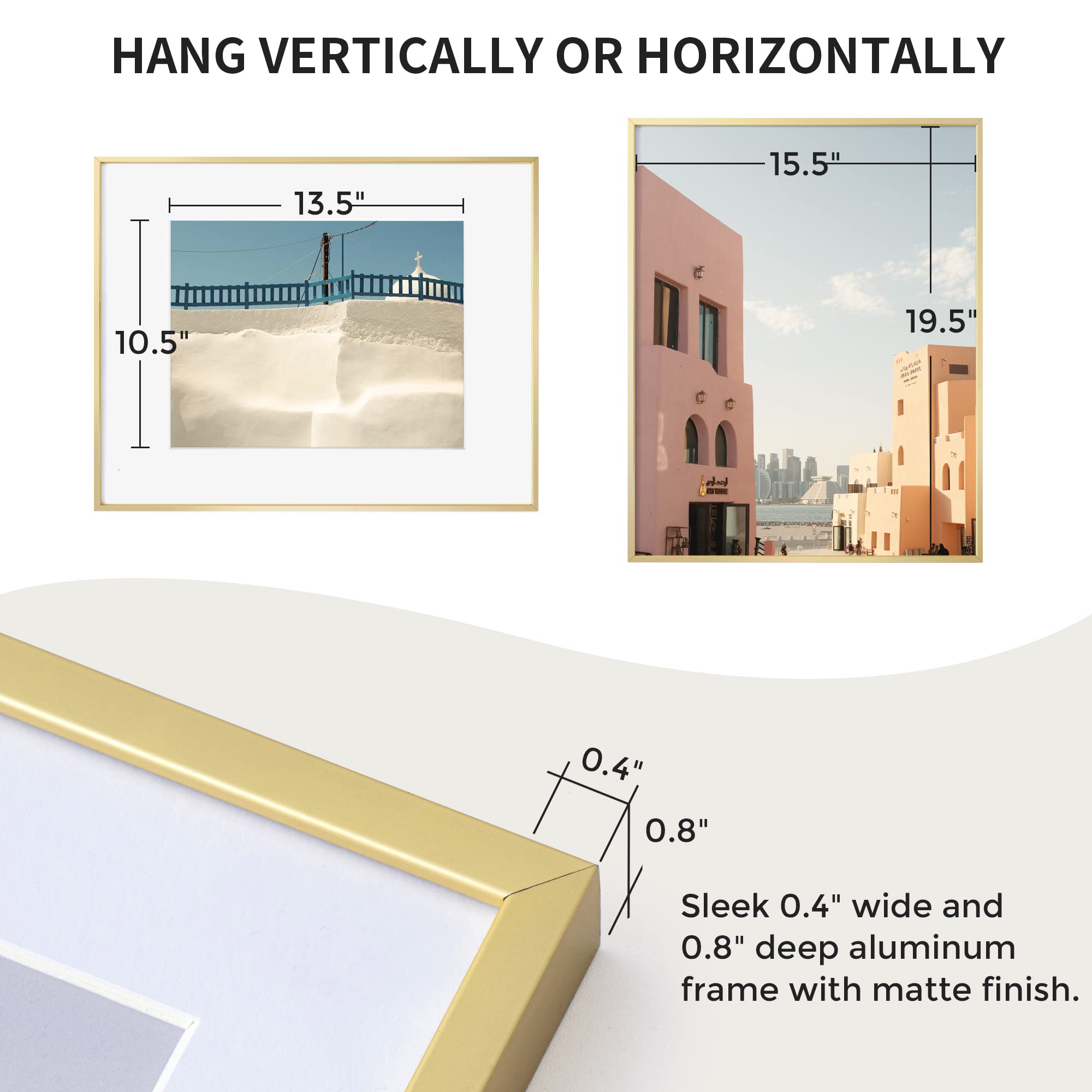 16x20 Metal Picture Frame with 11x14 Mat, Brushed Aluminum Finish, Tempered Glass Front, and Attached Hanging Hardware(Gold, Pack of 1)