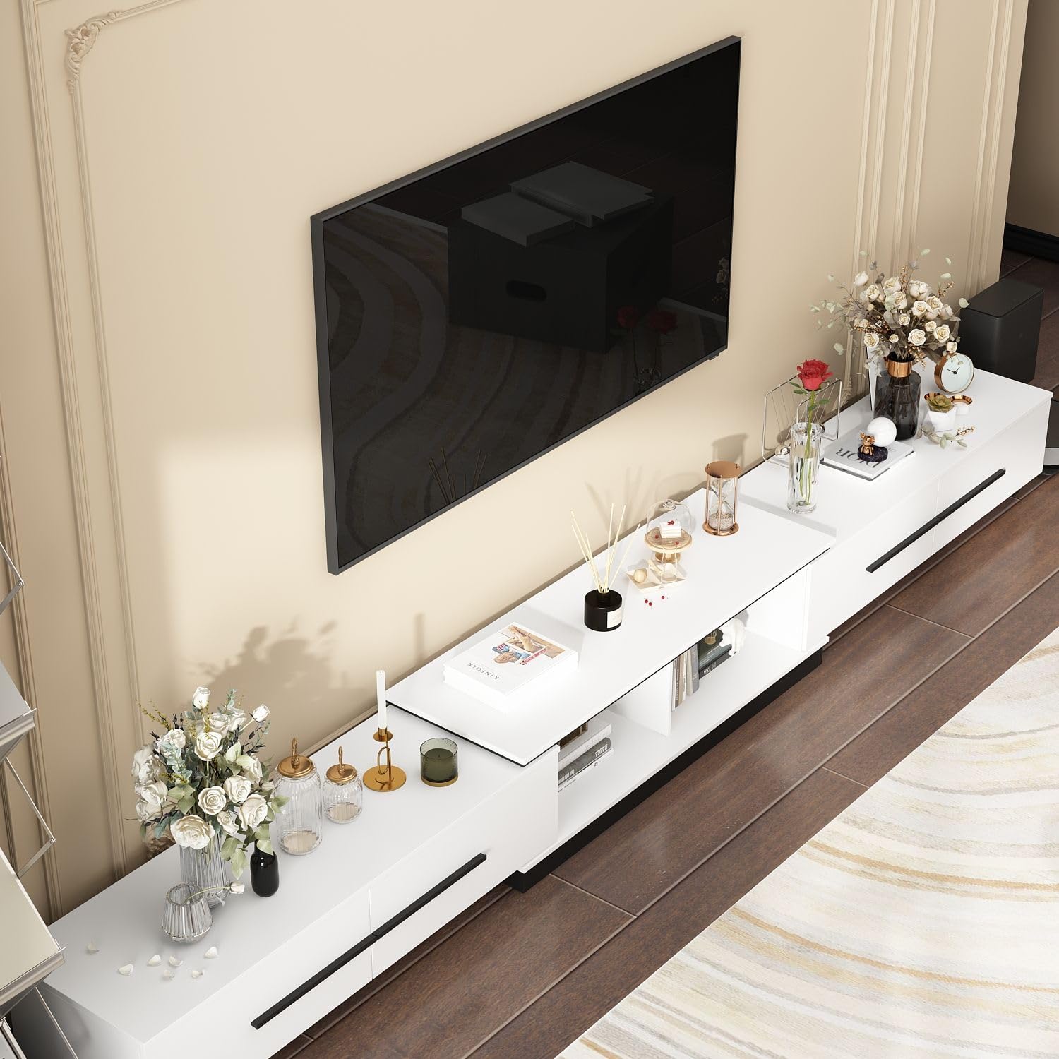 FAMAPY Modern TV Console Extendable Media Console, Adjustable Length, Contemporary Entertainment Center with Drawers and Legs, for Living Room White and Black (95”-133.9”W x 15.2”D x 13.1”H)