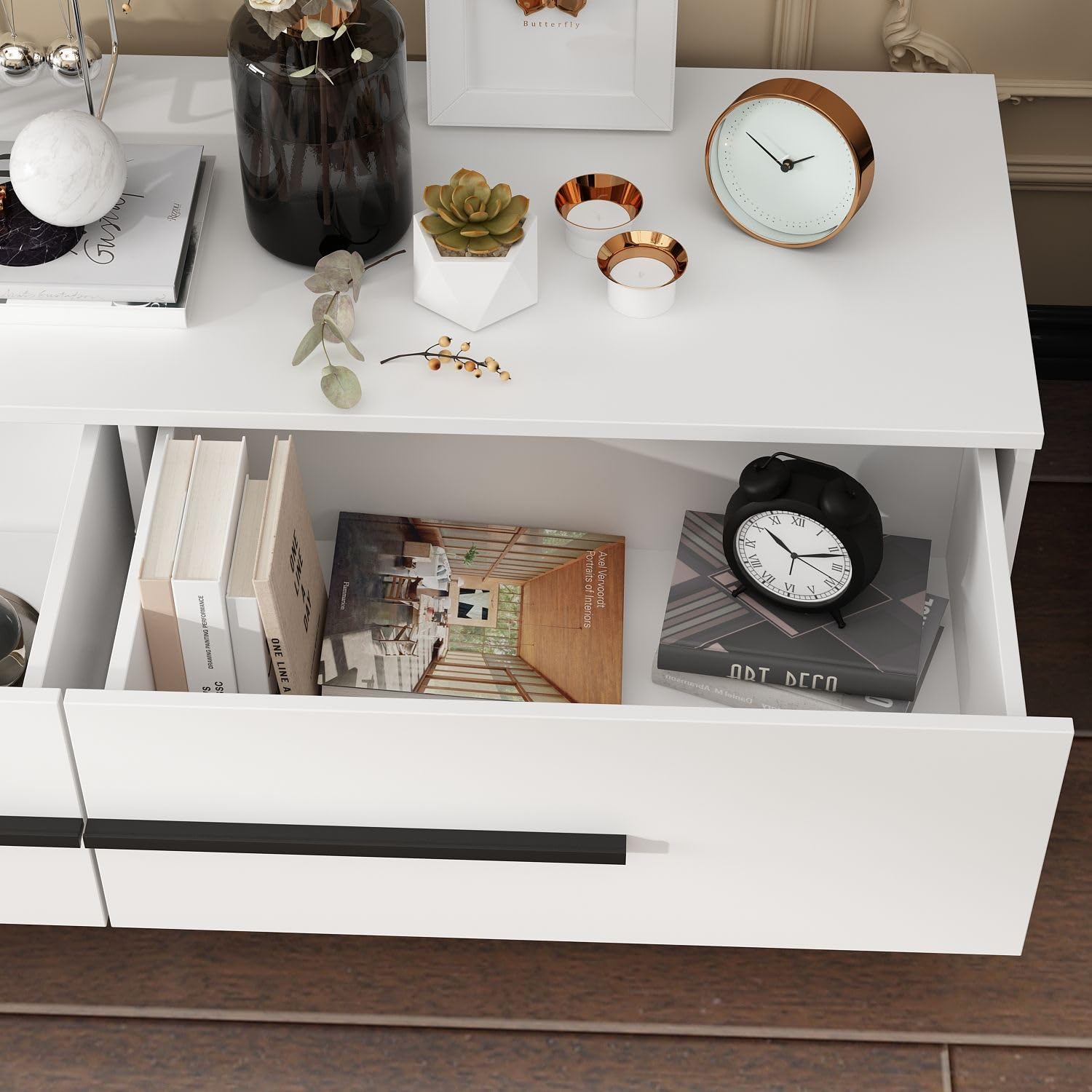 FAMAPY Modern TV Console Extendable Media Console, Adjustable Length, Contemporary Entertainment Center with Drawers and Legs, for Living Room White and Black (95”-133.9”W x 15.2”D x 13.1”H)